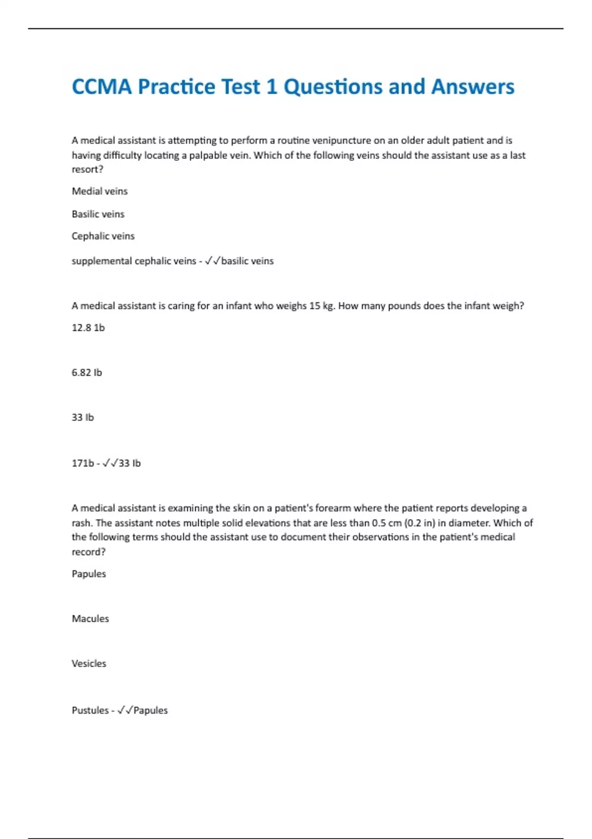 CCMA Practice Test 1 Questions and Answers - CMA - Certified Medical ...