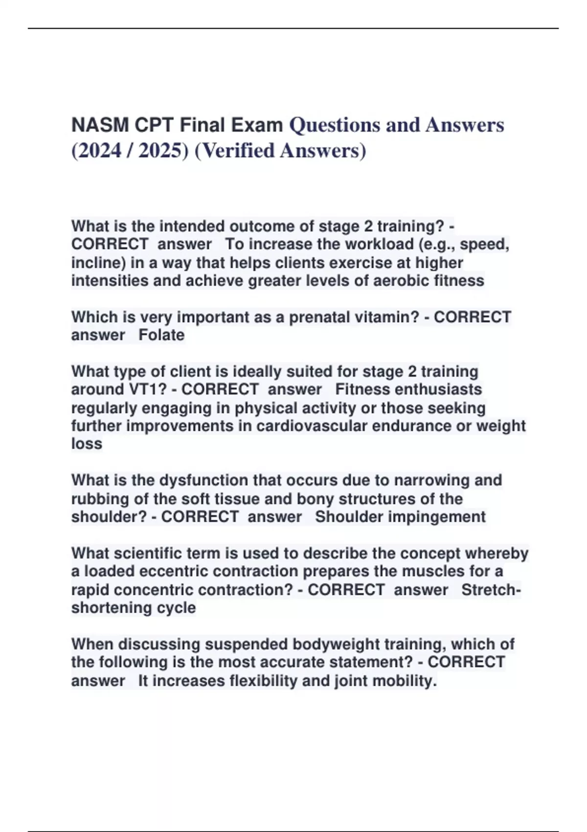 NASM CPT Final Exam Questions and Answers (2024 / 2025) (Verified Answers - NASM CPT - Stuvia US