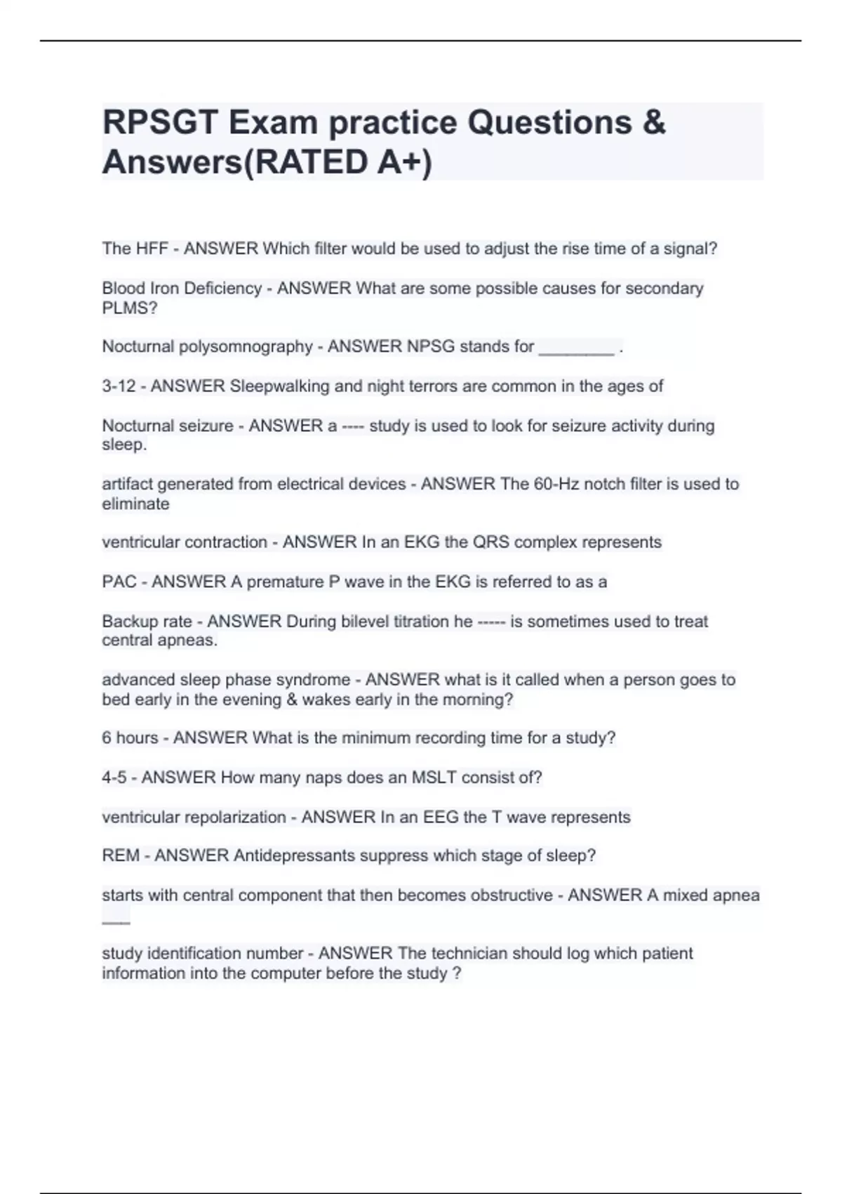 RPSGT EXAM BUNDLE|QUESTIONS WITH CORRECT ANSWERS!! - Stuvia US