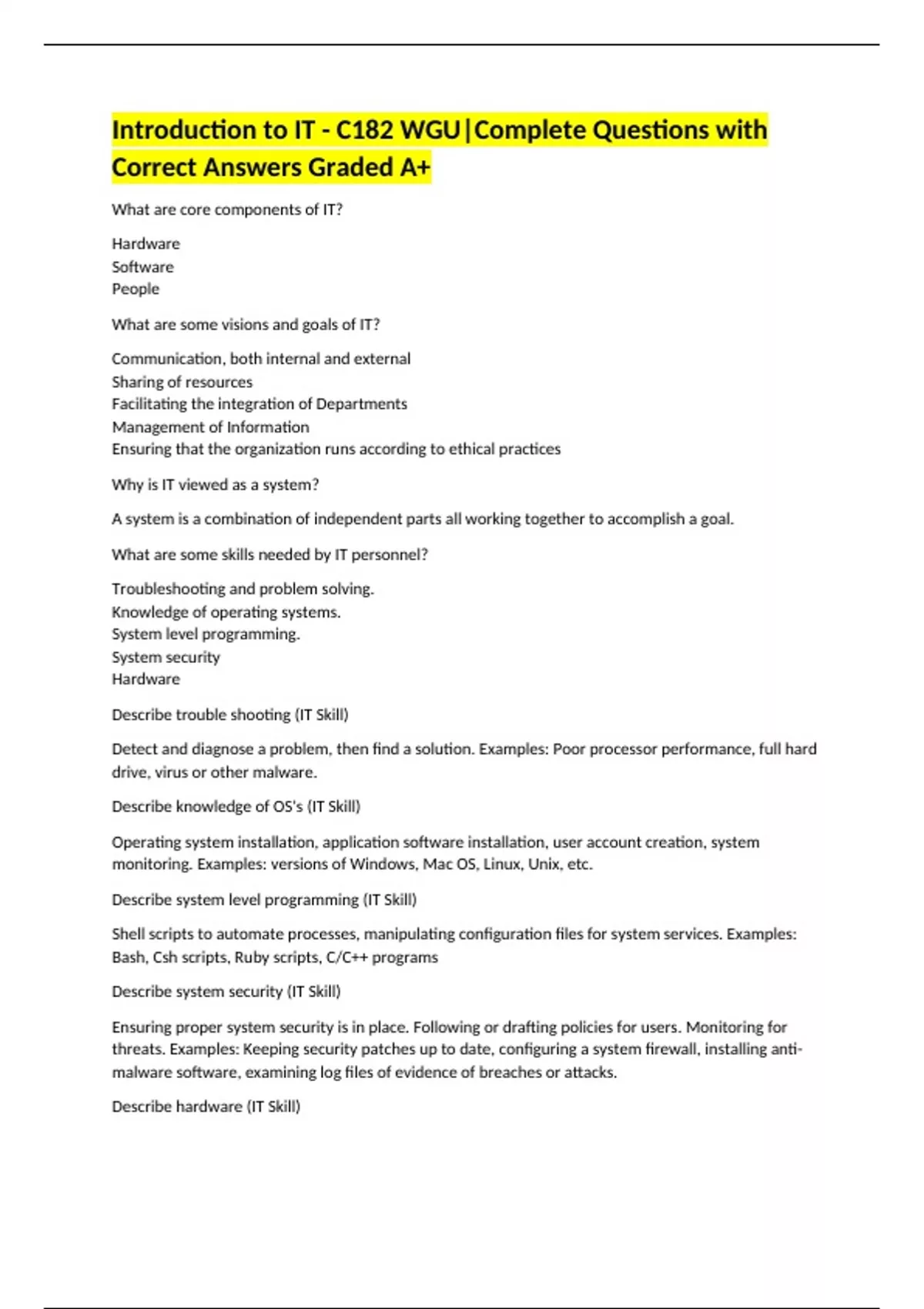 Introduction to IT - C182 WGU|Complete Questions with Correct Answers ...