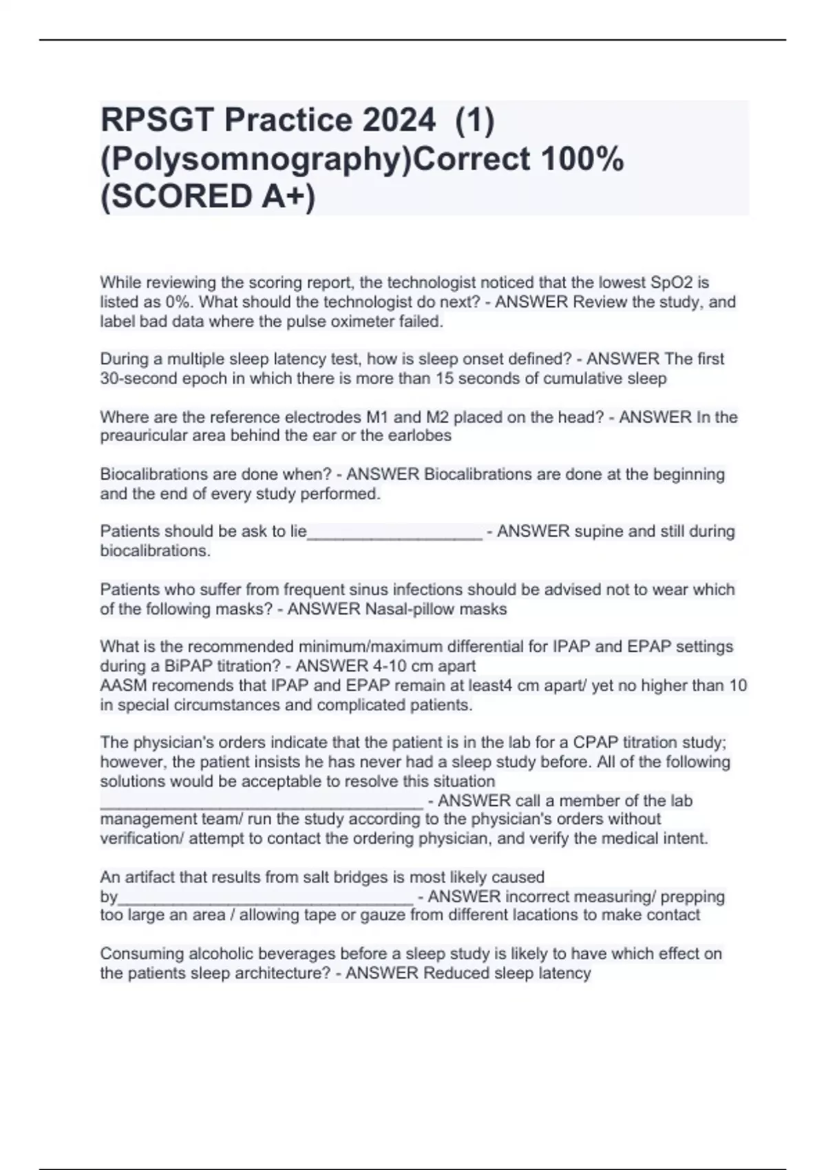 RPSGT Practice 2024 (1) (Polysomnography)Correct 100%(SCORED A+ ...