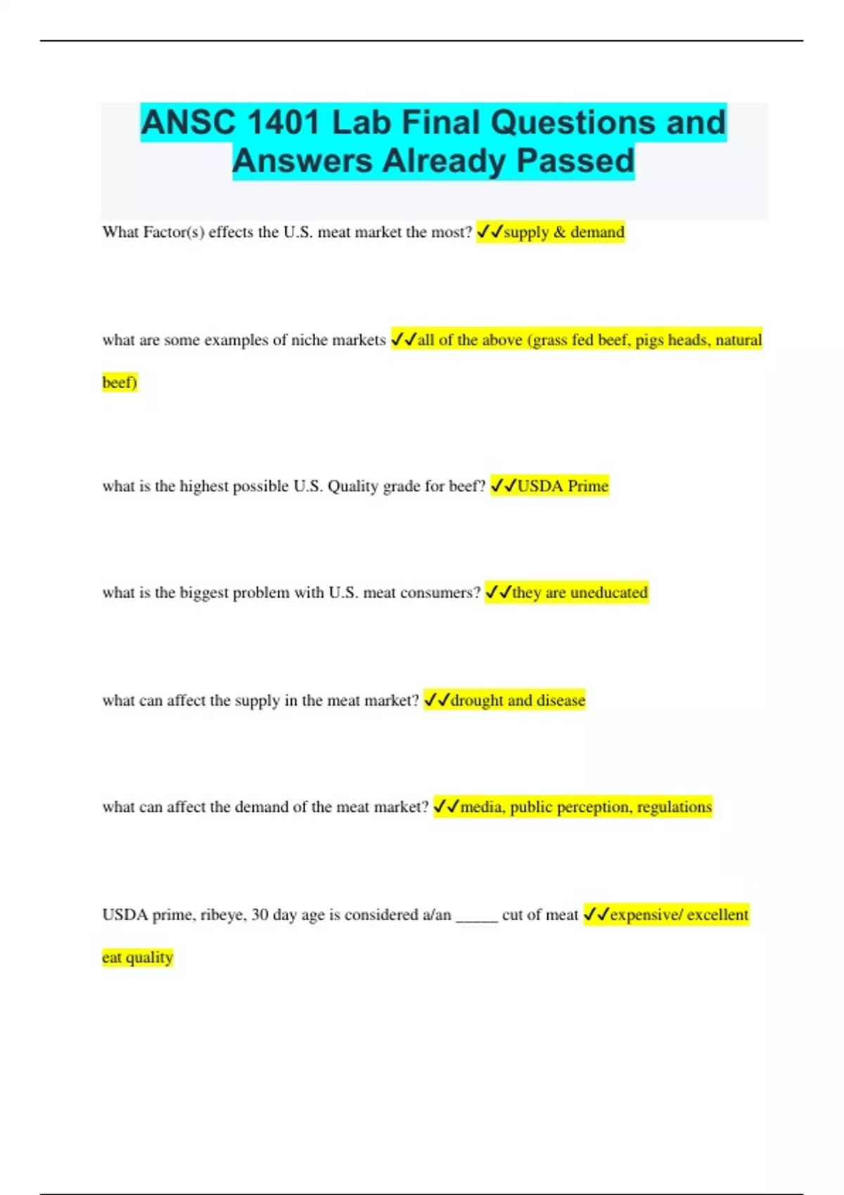 ANSC 1401 Lab Final Questions and Answers Already Passed - ANSC 1401 ...