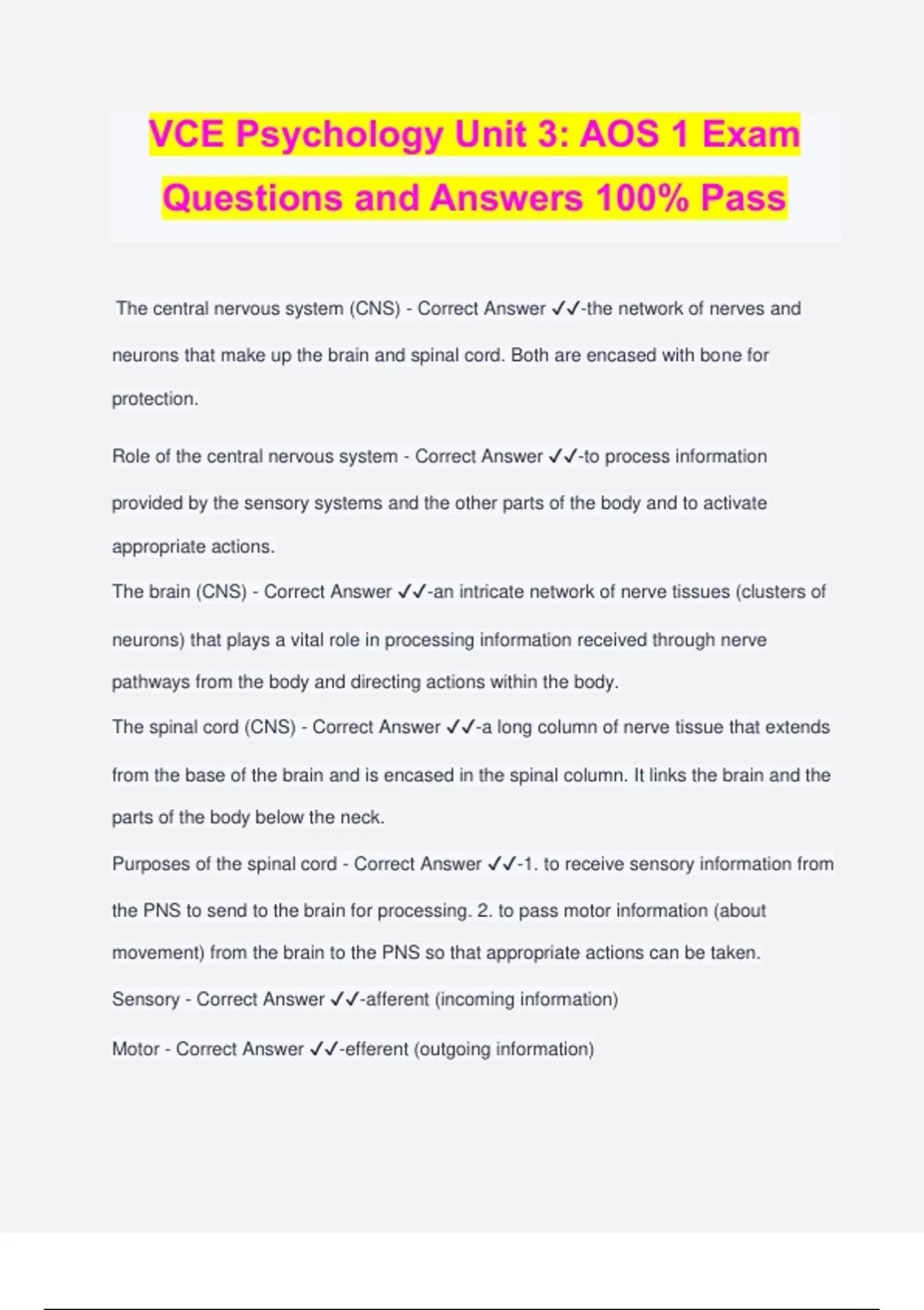 VCE Psychology Unit 3: AOS 1 Exam Questions and Answers 100% Pass - VCE Psychology - Stuvia US