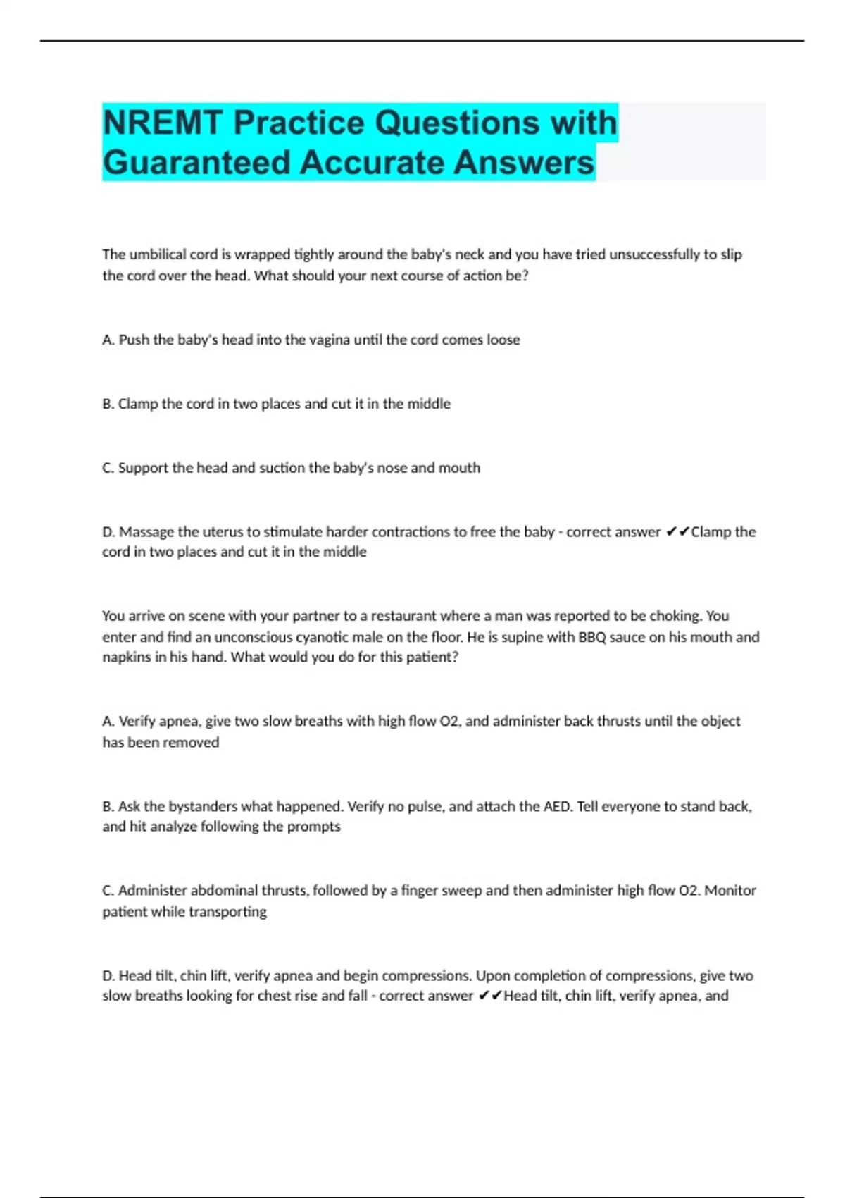 NREMT Practice Questions with Guaranteed Accurate Answers - NREMT ...