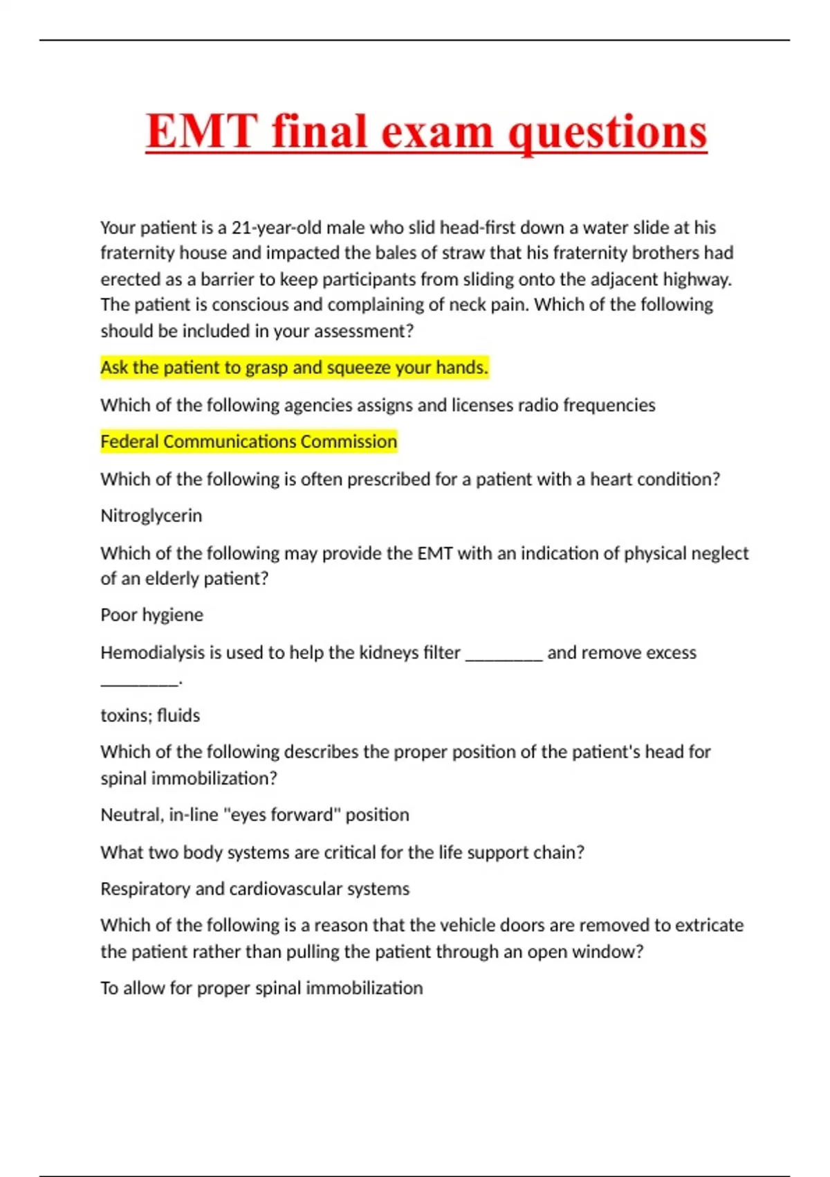 EMT final exam questions - EMT - Stuvia US