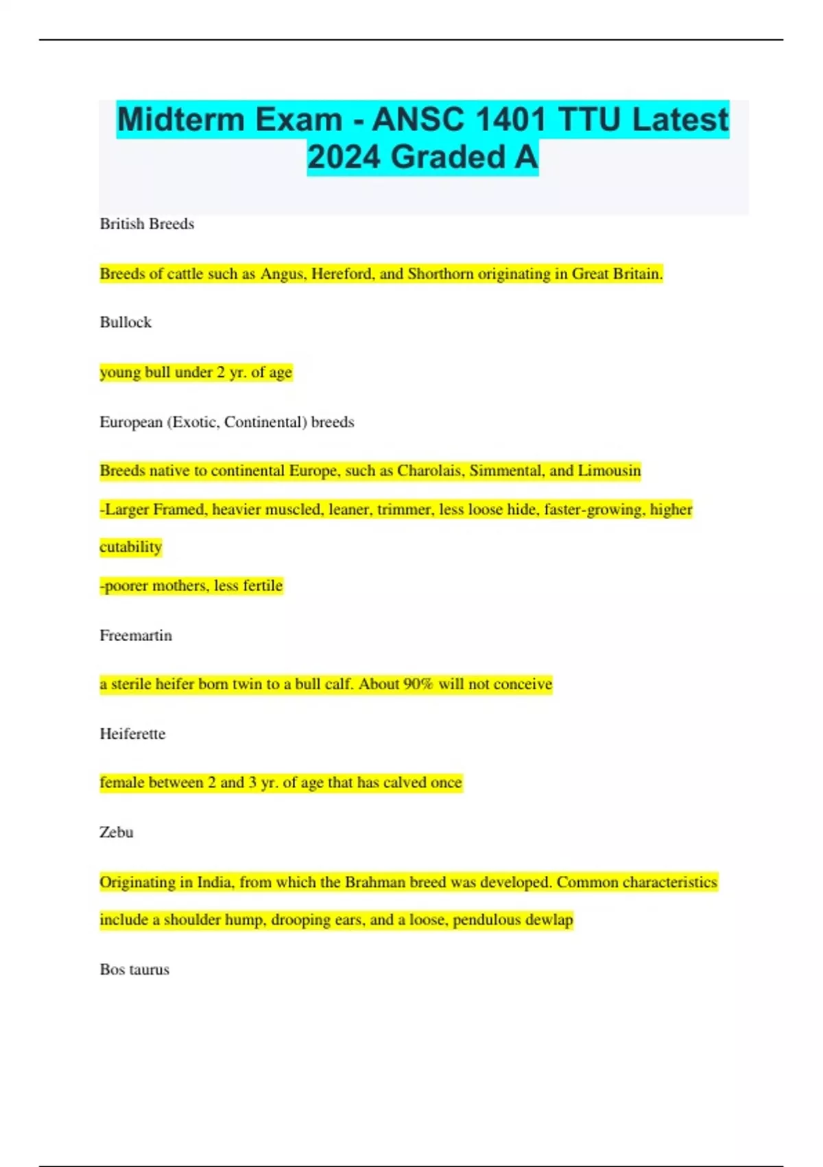 Midterm Exam - ANSC 1401 TTU Latest 2024 Graded A - ANSC 1401 TTU ...