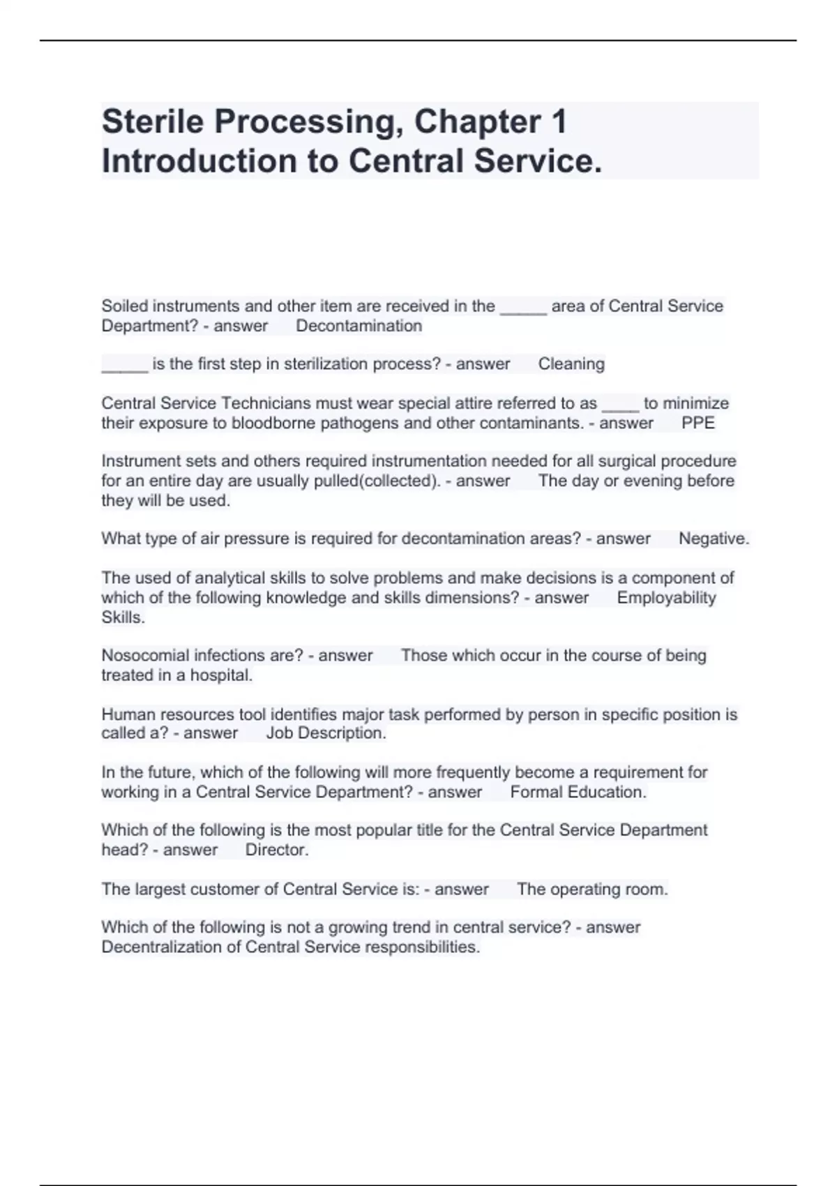 Sterile Processing, Chapter 1 Introduction to Central Service Questions ...