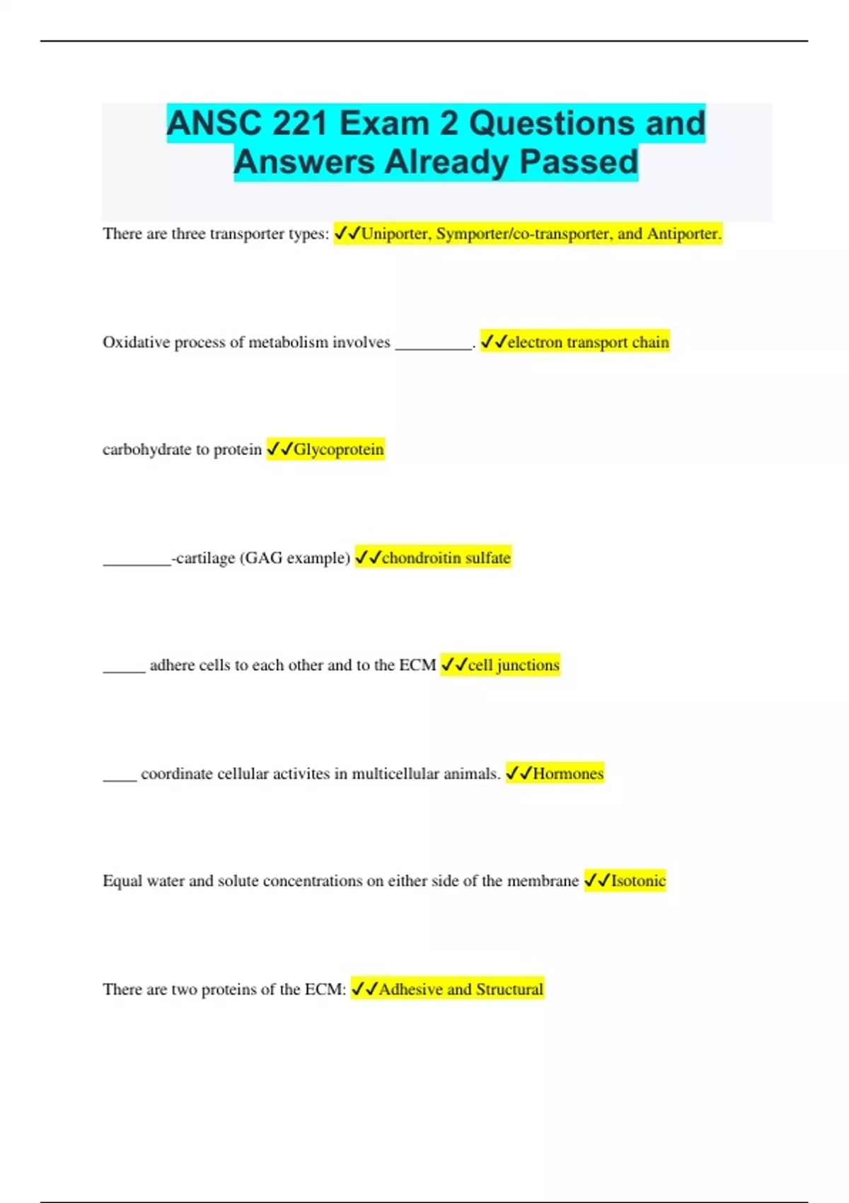 ANSC 221 Bundled Exams Questions and Answers Multiple Versions Latest ...