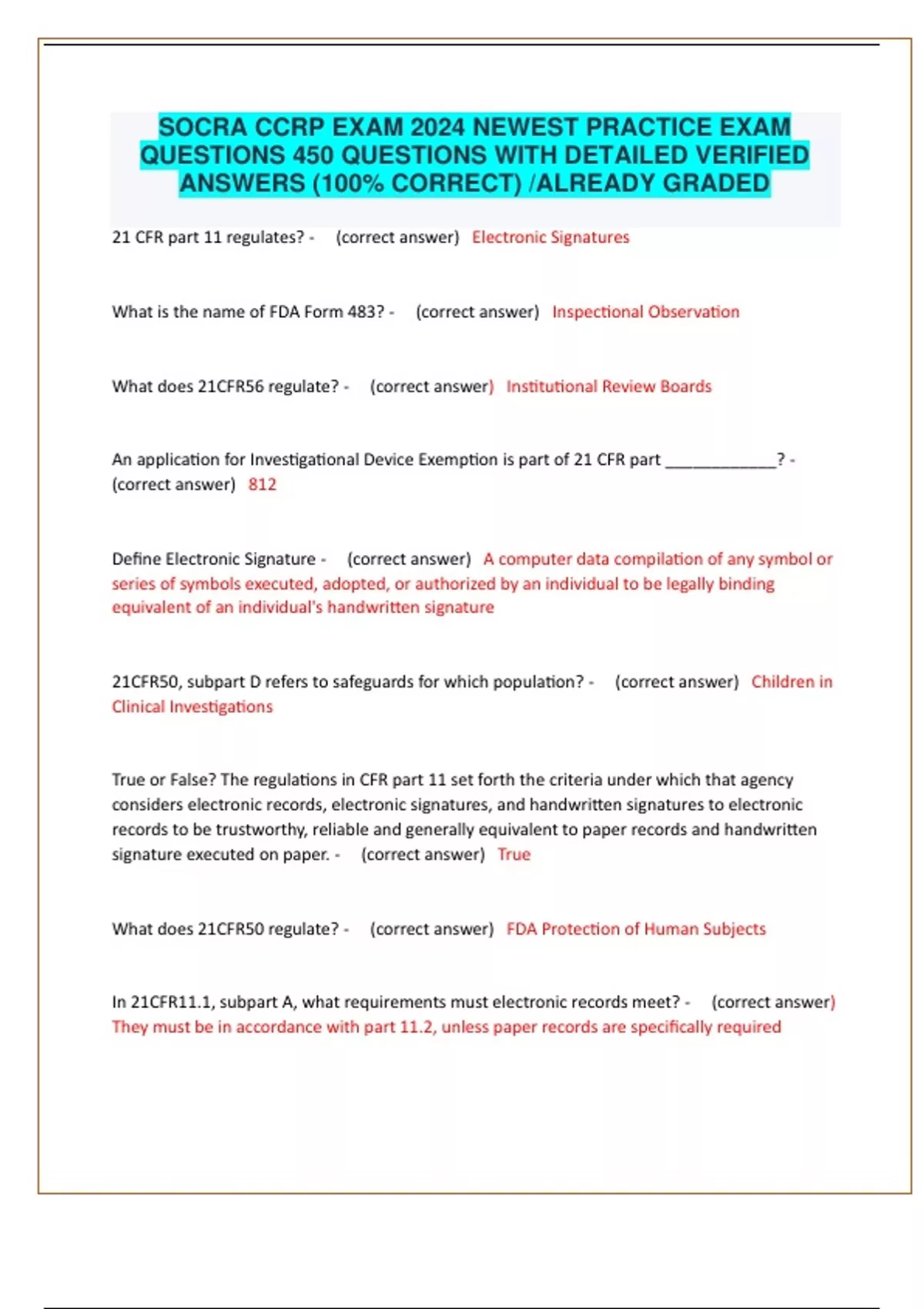 SOCRA CCRP EXAM 2024 NEWEST PRACTICE EXAM QUESTIONS 450 QUESTIONS WITH ...