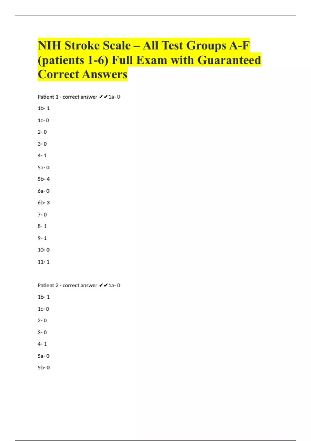 NIH Stroke Scale – All Test Groups A-F (patients 1-6) Full Exam with ...