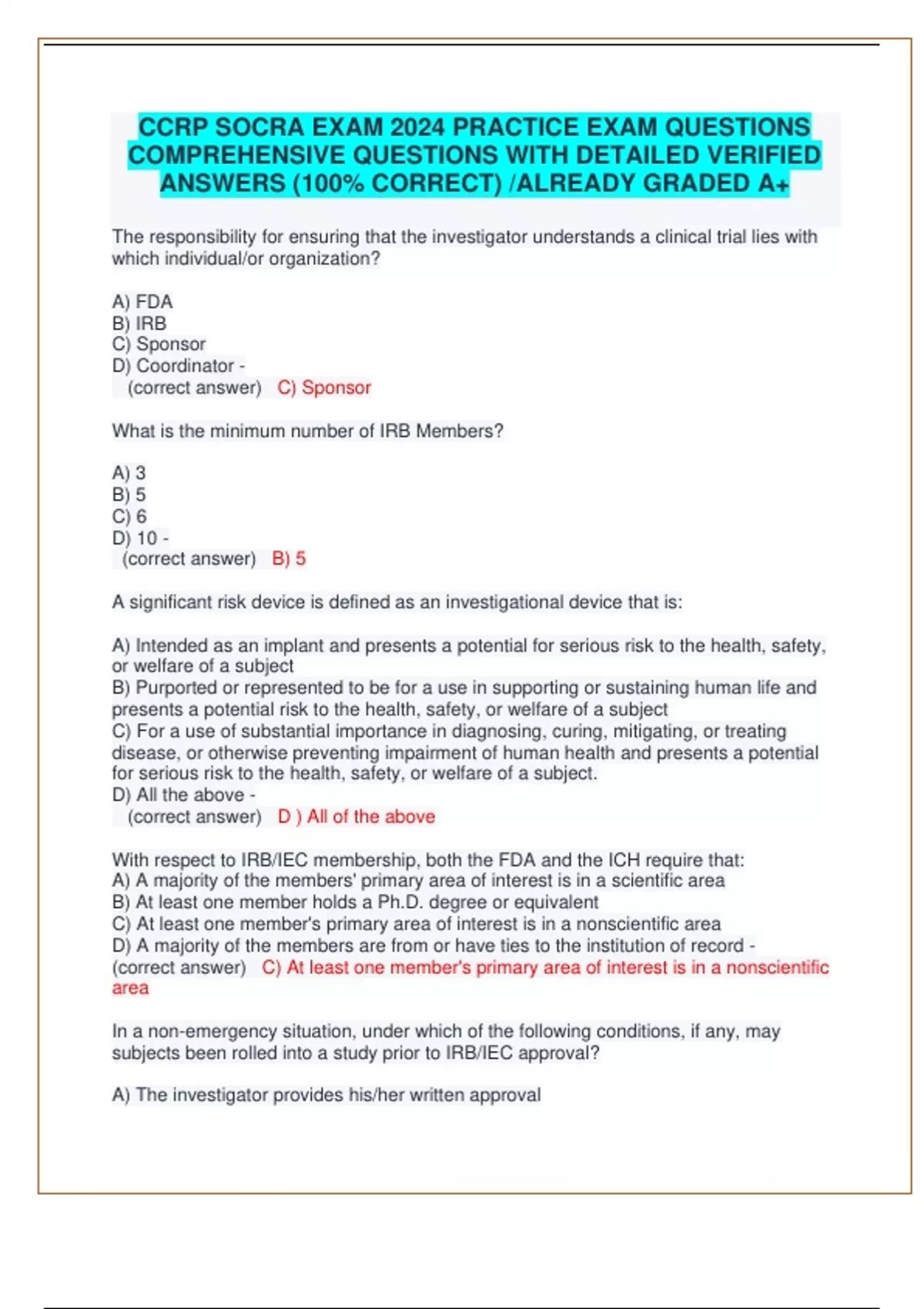 CCRP SOCRA EXAM 2024 PRACTICE EXAM QUESTIONS COMPREHENSIVE QUESTIONS ...
