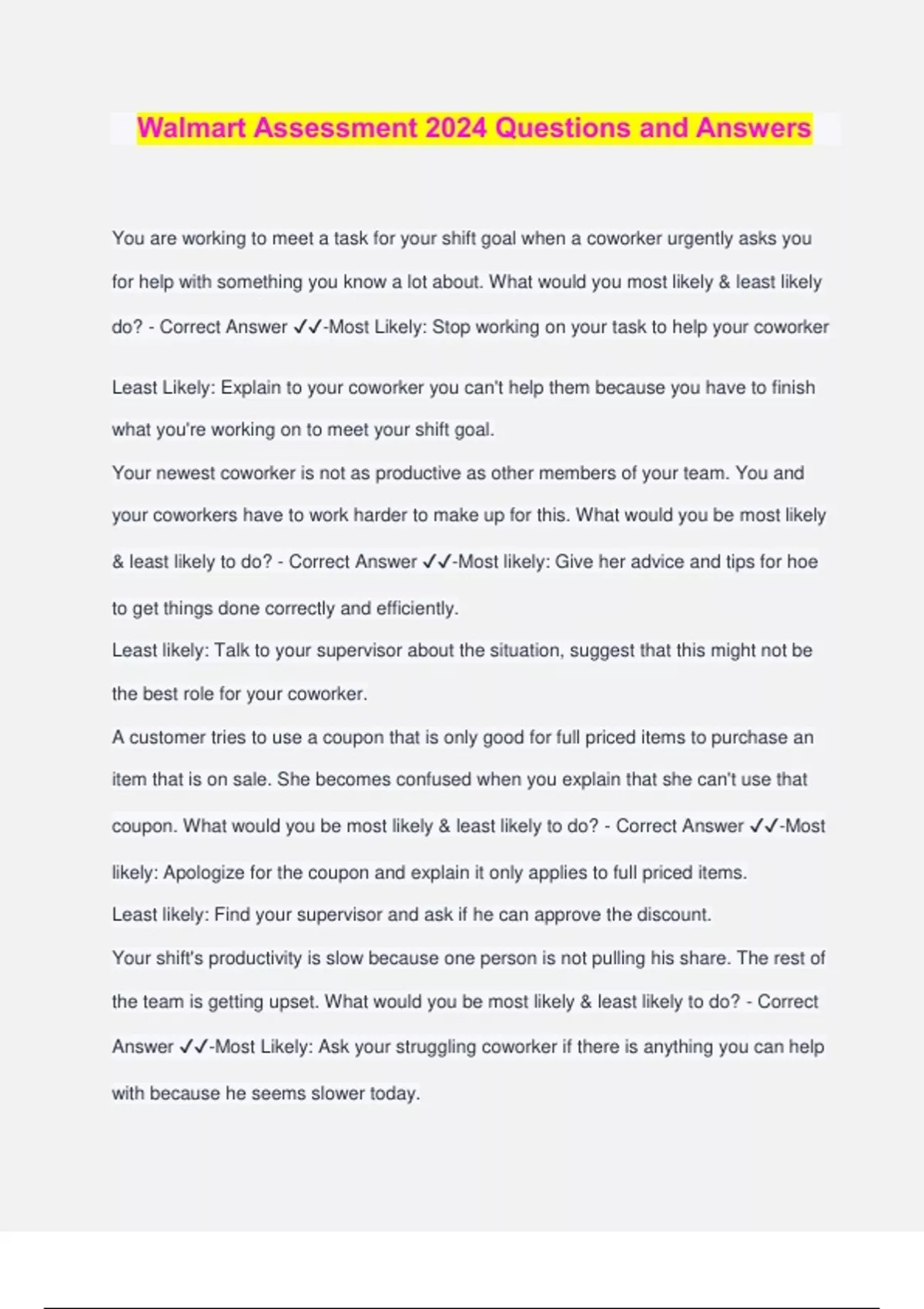 Walmart Assessment 2024 Questions and Answers - Walmart - Stuvia US