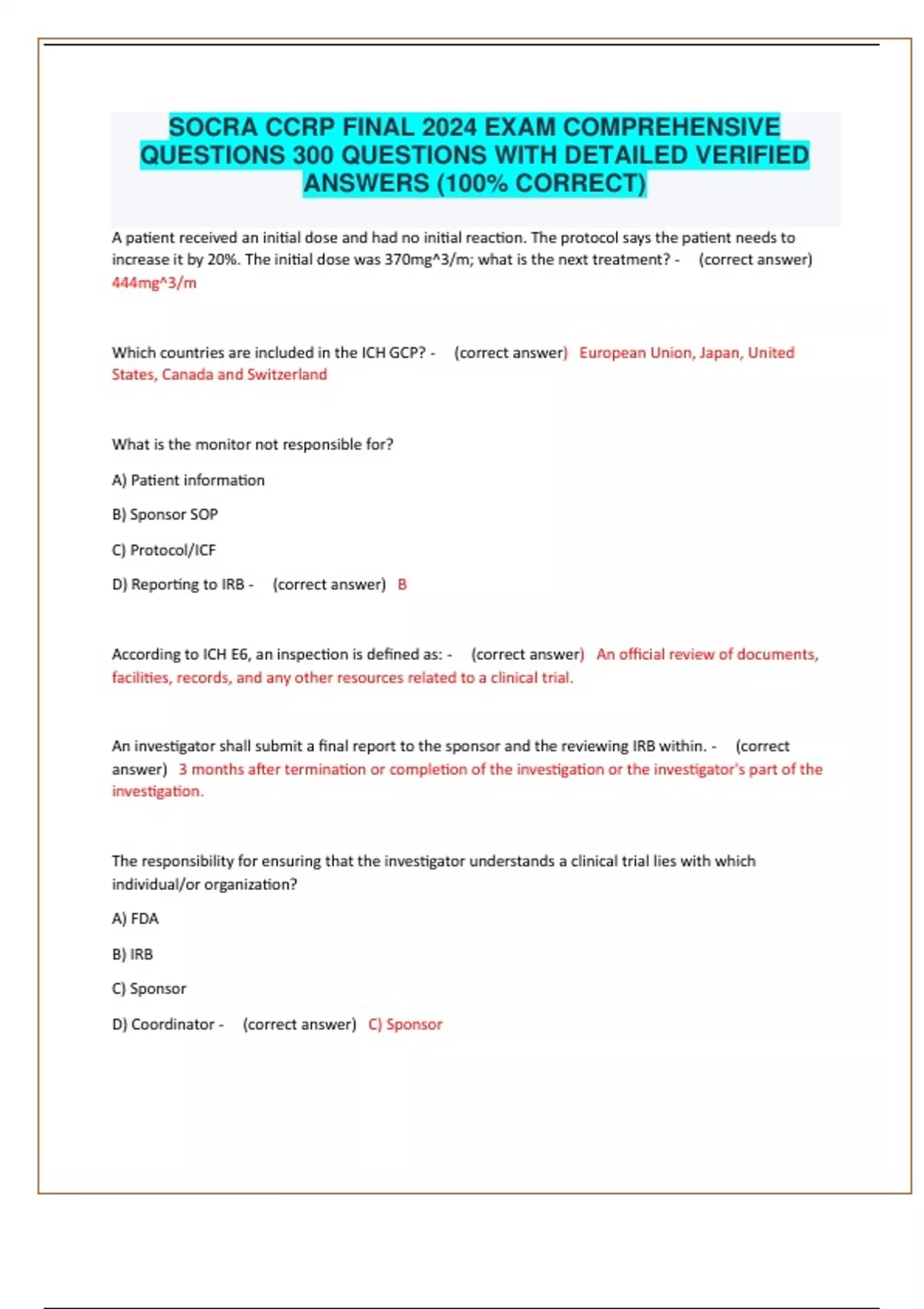 SOCRA CCRP FINAL 2024 EXAM COMPREHENSIVE QUESTIONS 300 QUESTIONS WITH ...