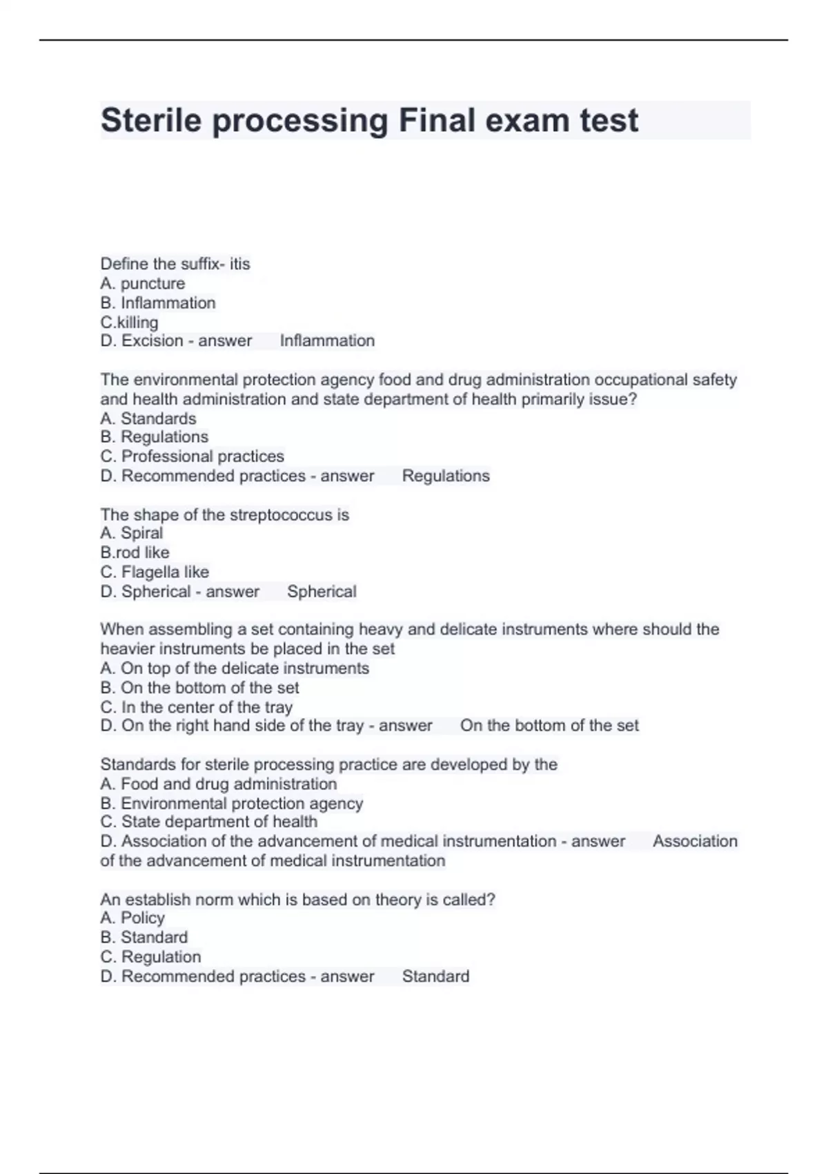 Sterile processing Final exam test Questions with correct Answers 2024 ...