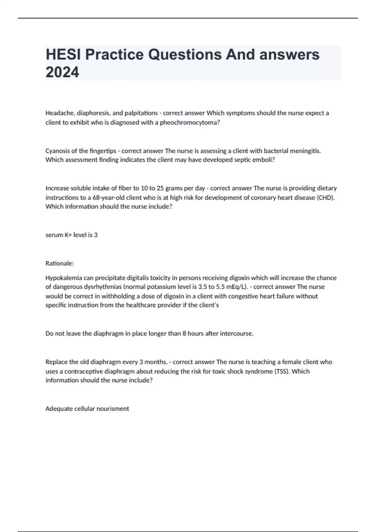 HESI Practice Questions And answers 2024 verified already passed - HESI ...