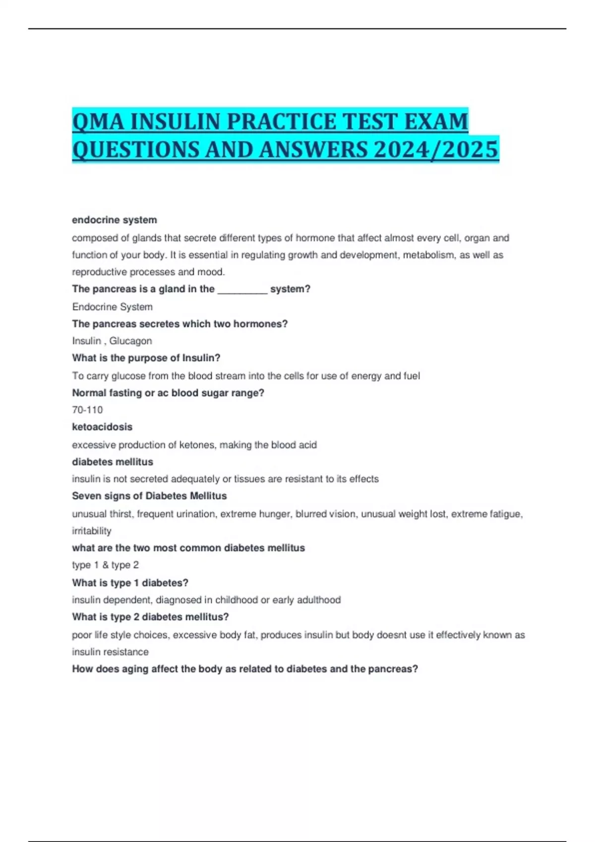 QMA INSULIN PRACTICE TEST EXAM QUESTIONS AND ANSWERS 2024/2025 - Qma ...
