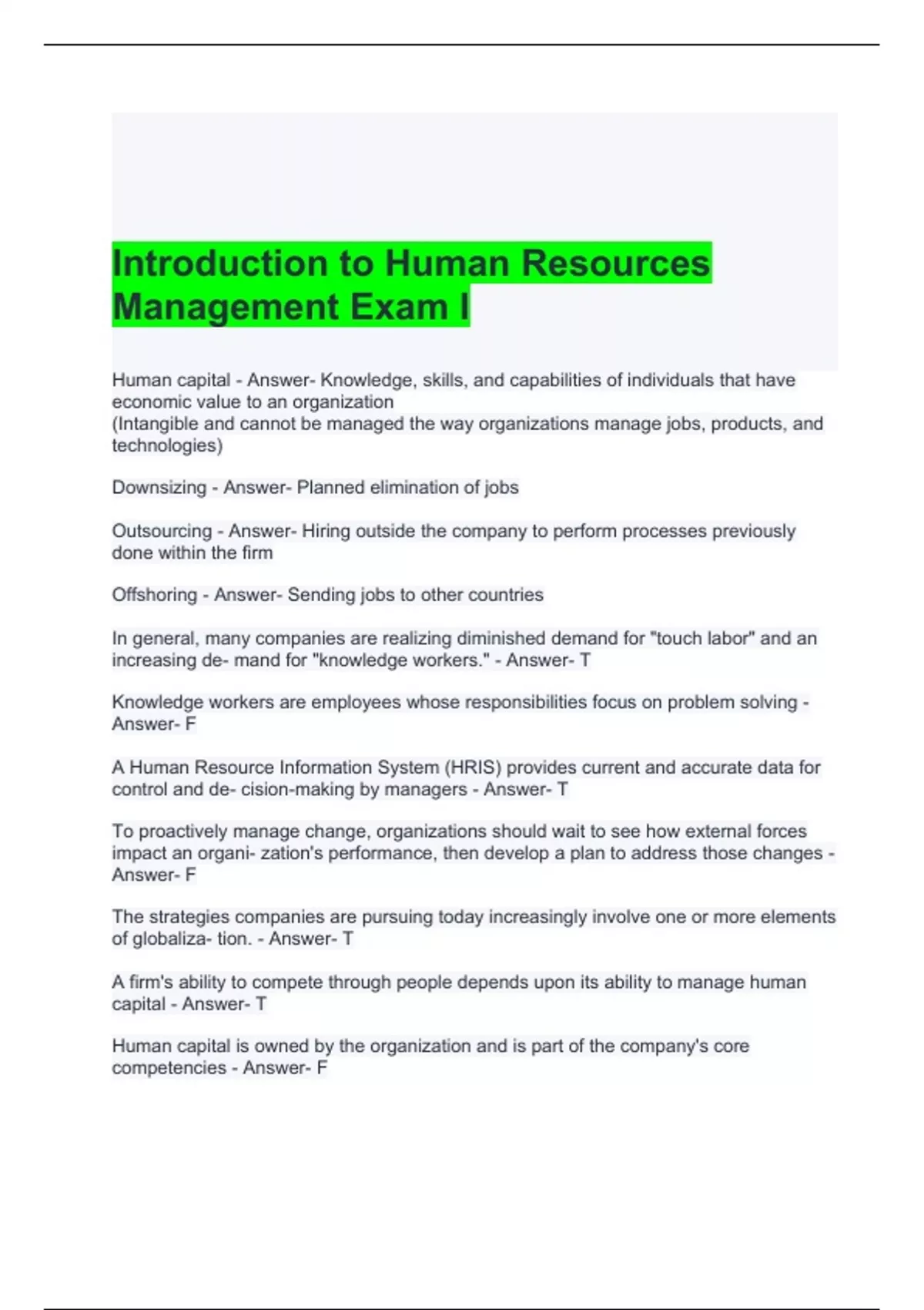 Introduction to Human Resources Management Exam I Questions and Answers ...