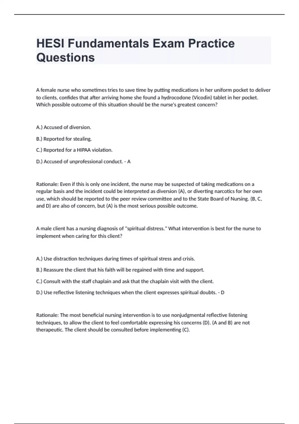 HESI Fundamentals Exam Practice Questions verified already passed ...