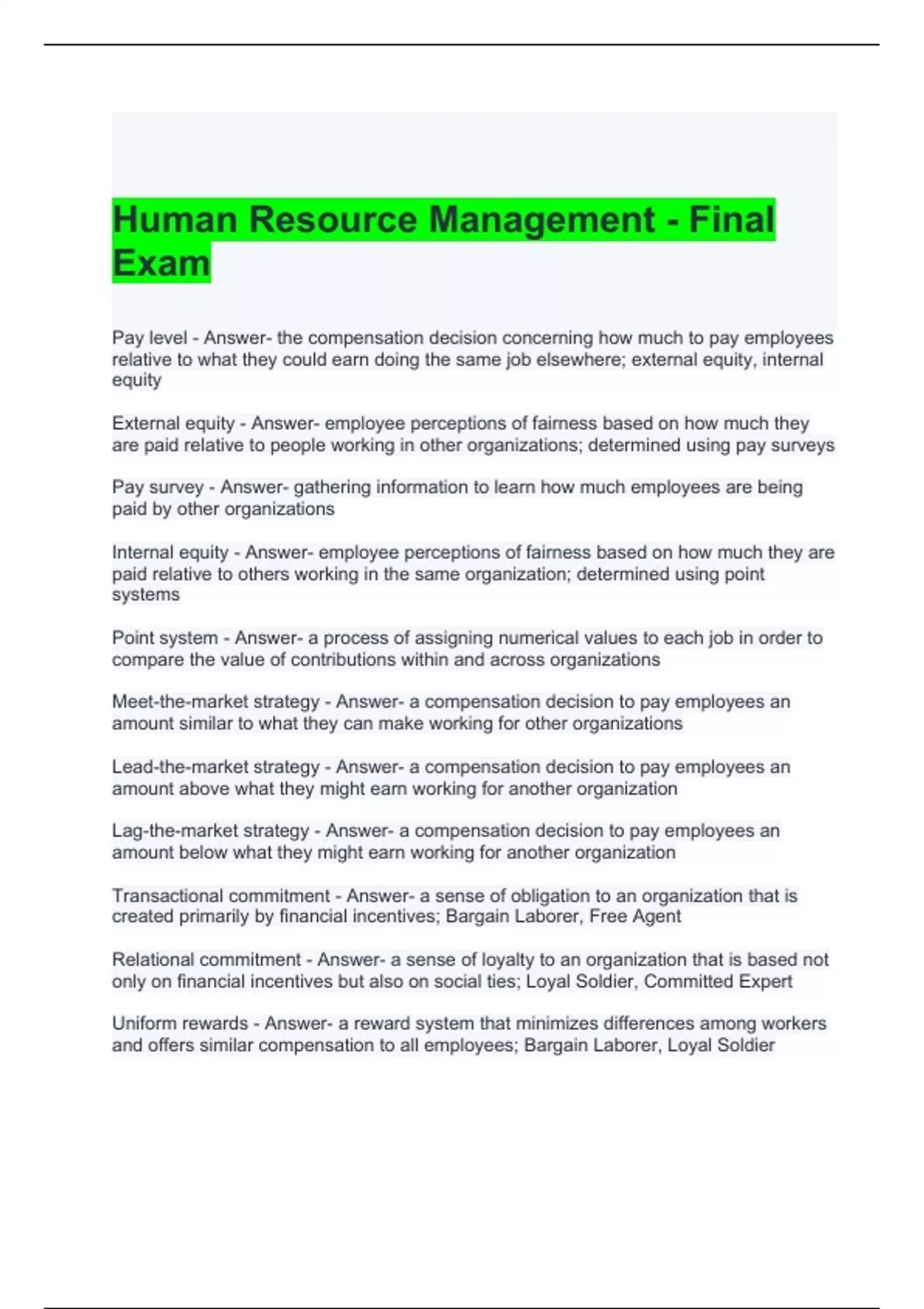Human Resource Management - Final Exam with 100% correct Answers - HRM ...