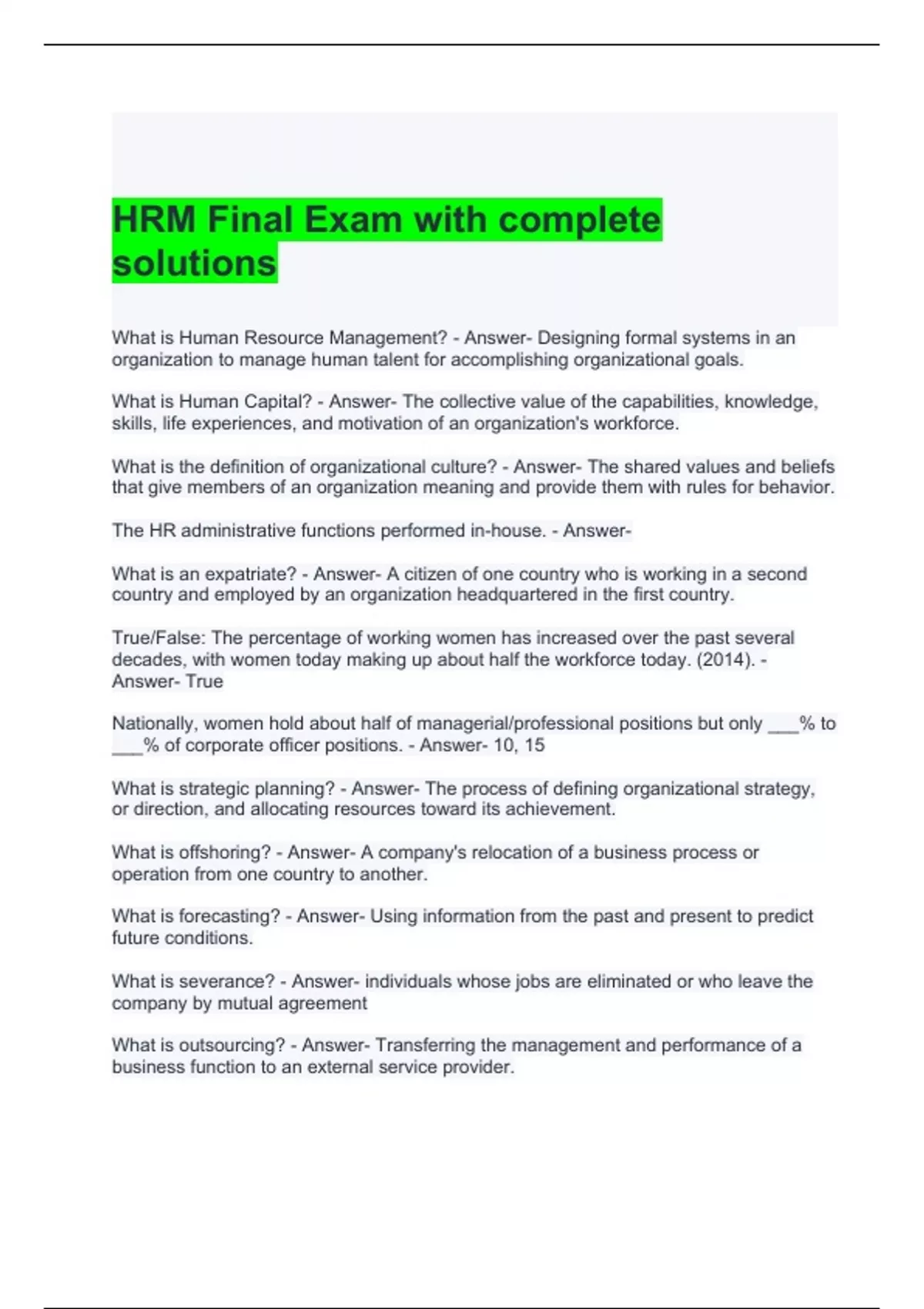 HRM Final Exam with complete solutions - HRM - Stuvia US