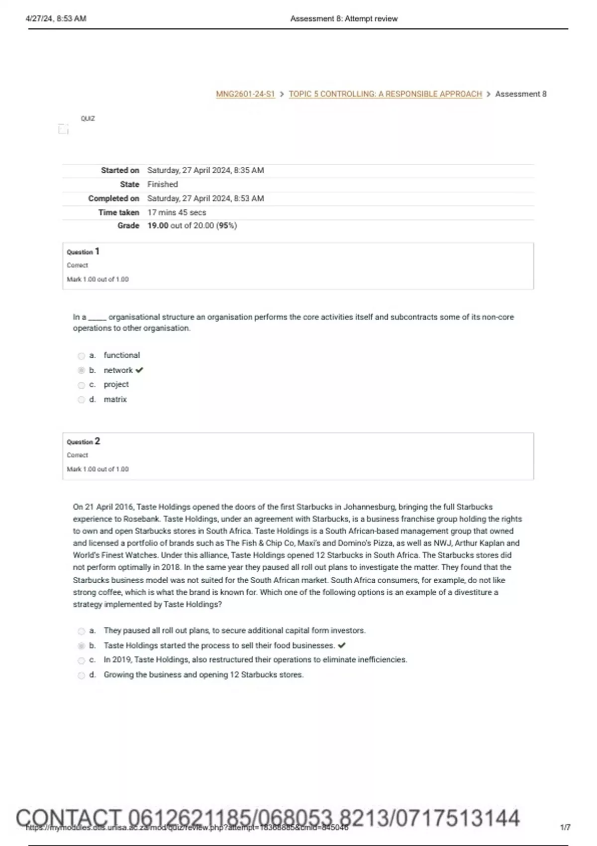 MNG2601 ASSESSMENT 8 SEMESTER 1 2024 (MCQ ANSWERS) - GENERAL MANAGEMENT ...