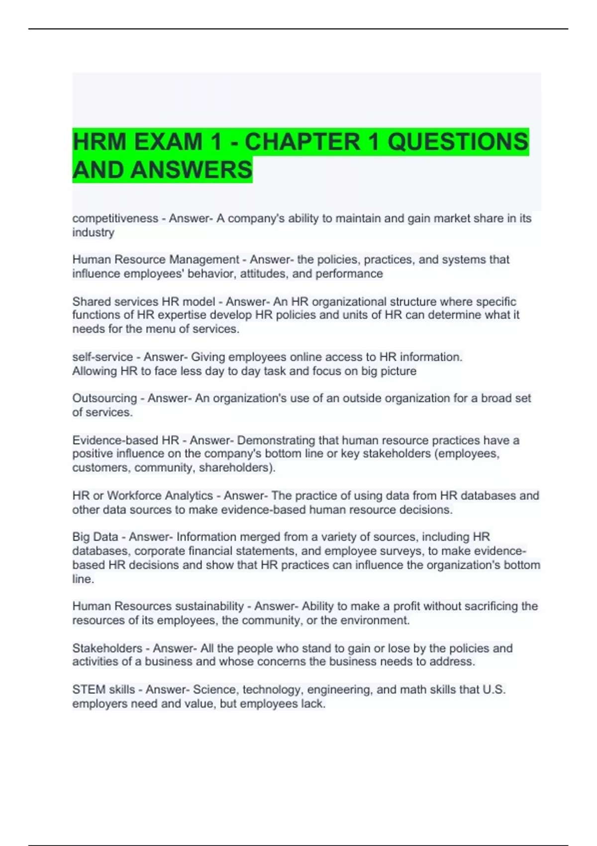 HRM EXAM 1 - CHAPTER 1 QUESTIONS AND ANSWERS 2024 - HRM - Stuvia US