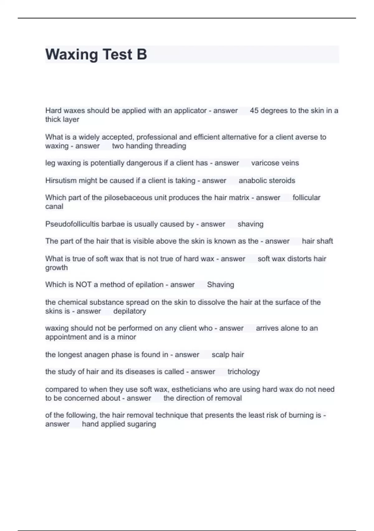 Waxing Test B Questions with correct Answers 2024 - Waxing - Stuvia US