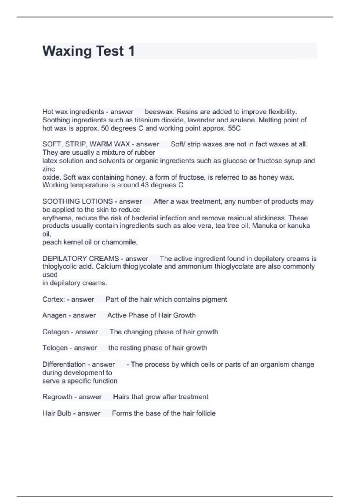 Waxing Test 1 Questions and Answers 100% correct - Waxing - Stuvia US