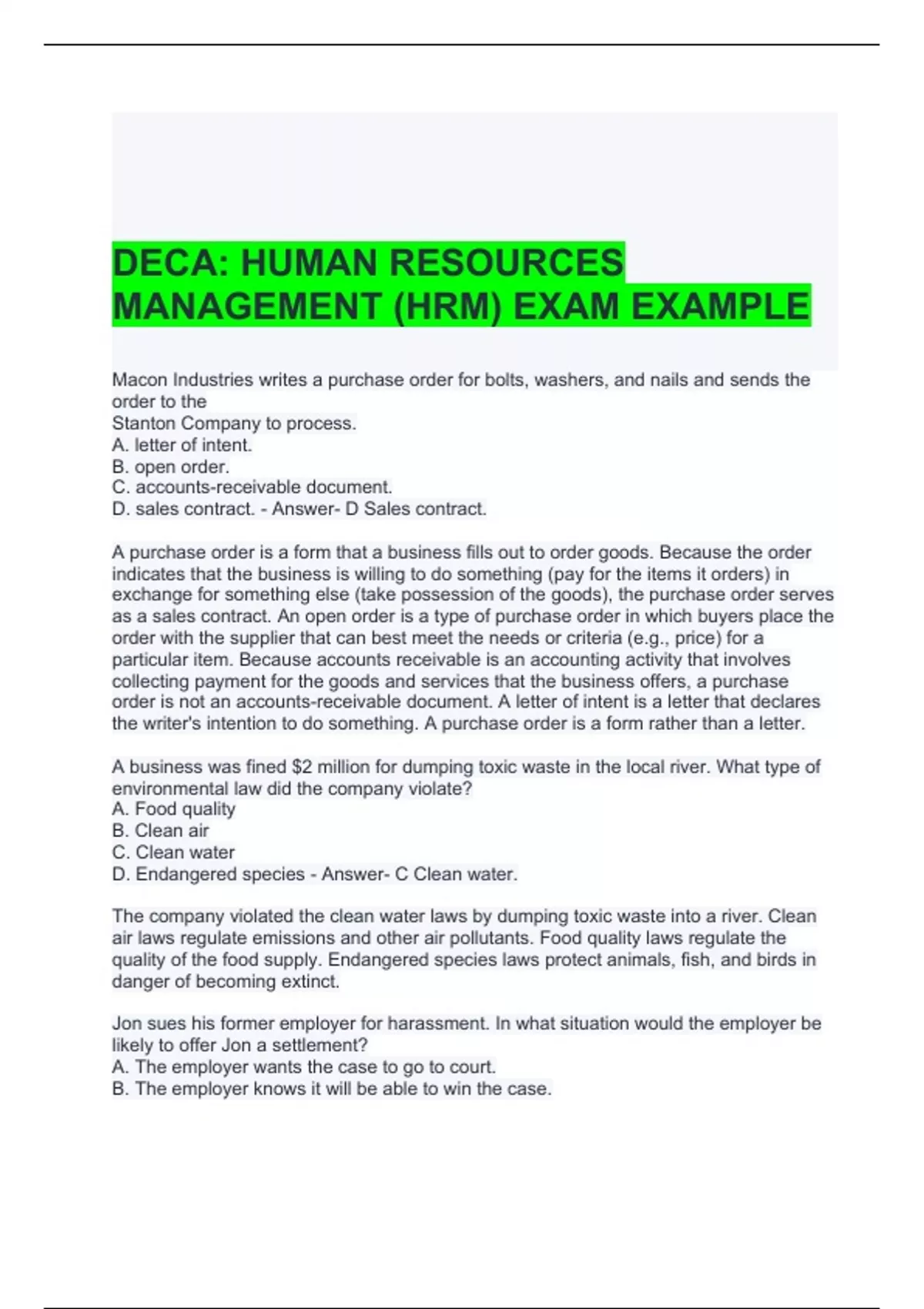 DECA HUMAN RESOURCES MANAGEMENT (HRM) EXAM EXAMPLE QUESTIONS AND ...