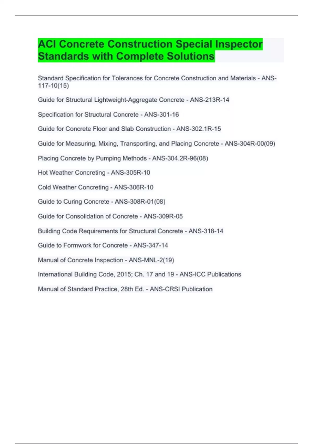 ACI Concrete Construction Special Inspector Standards with Complete ...