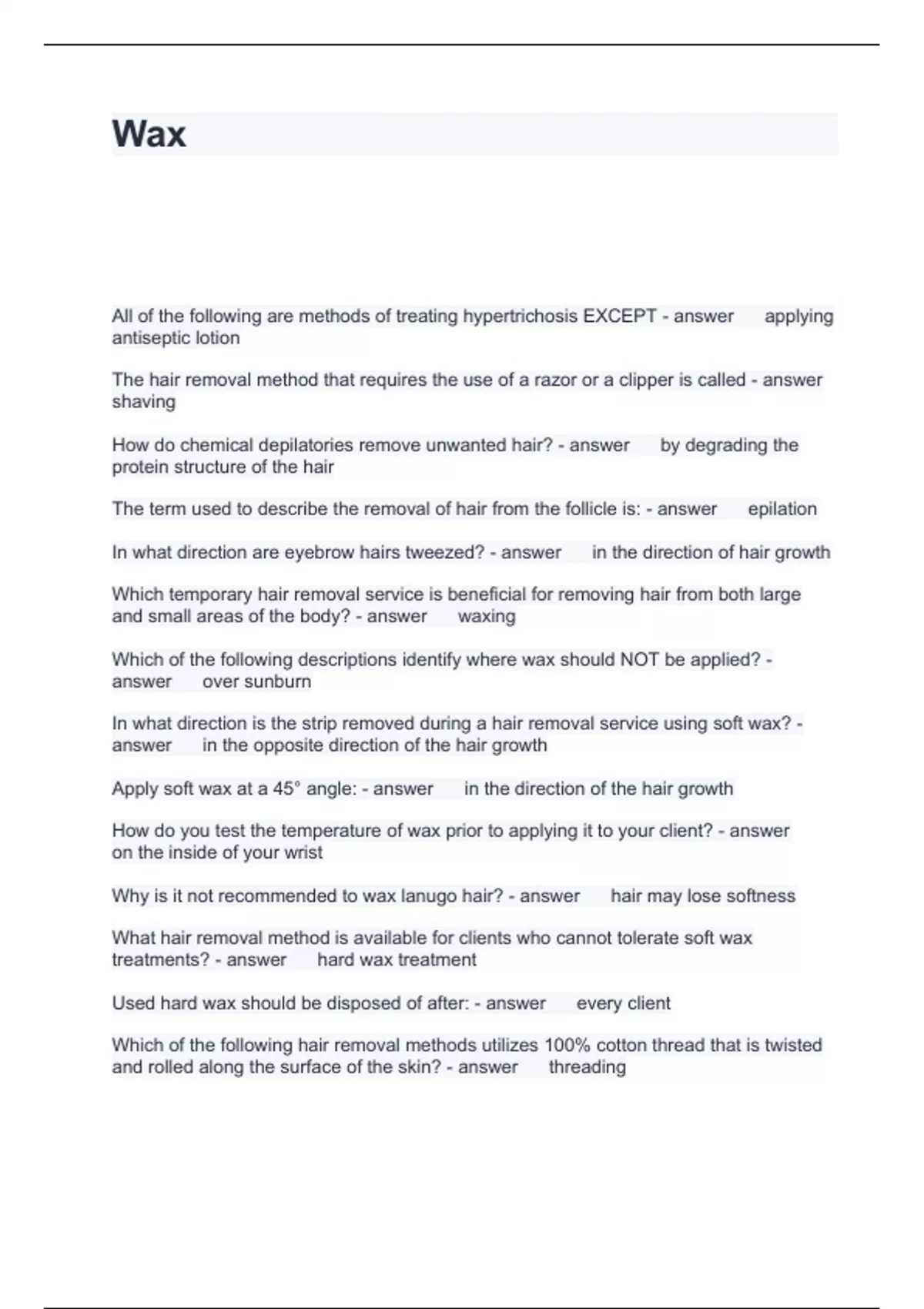 Wax Questions and Answers 100% correct - Waxing - Stuvia US