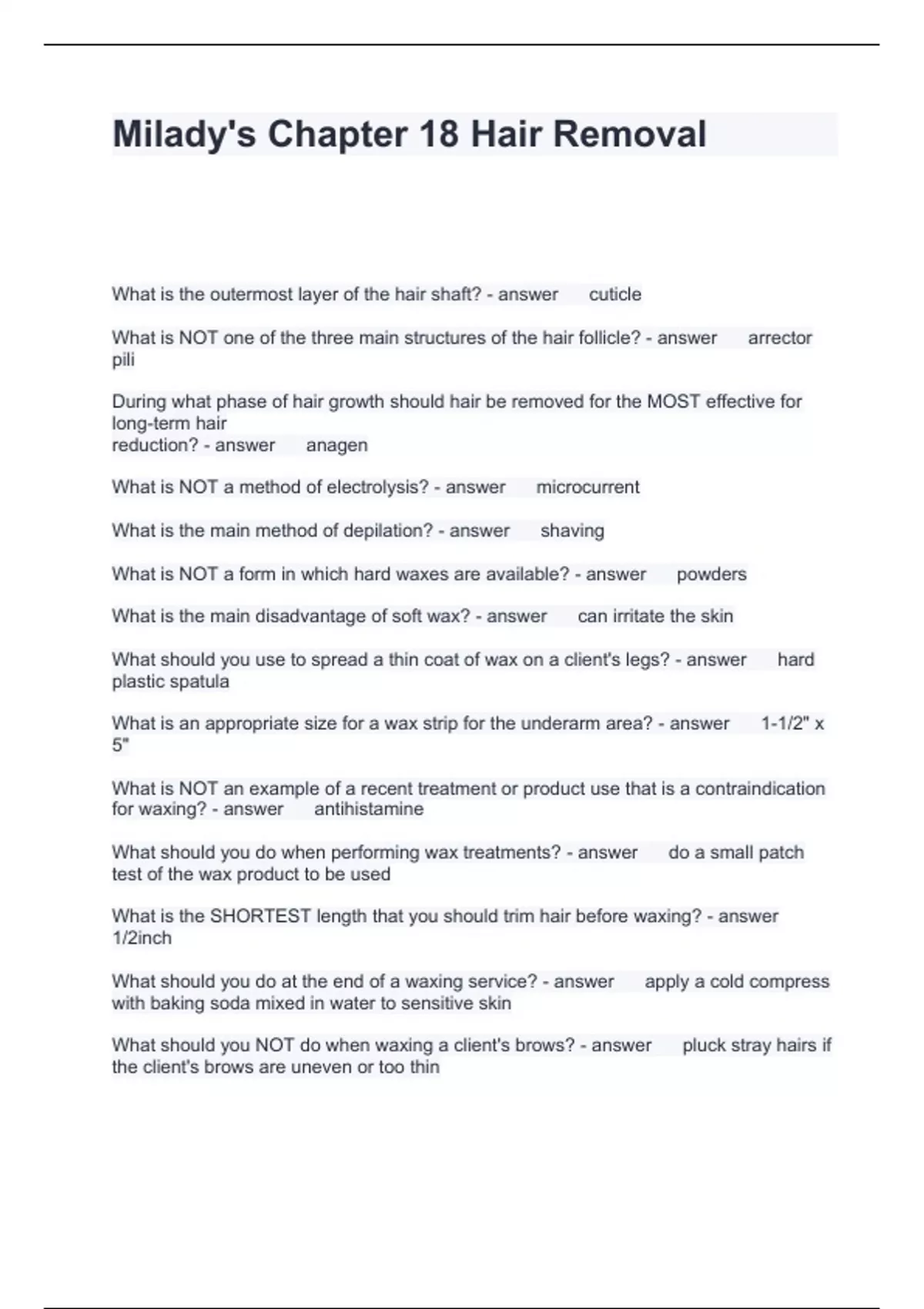 Milady's Chapter 18 Hair Removal Questions and Answers 100% correct ...