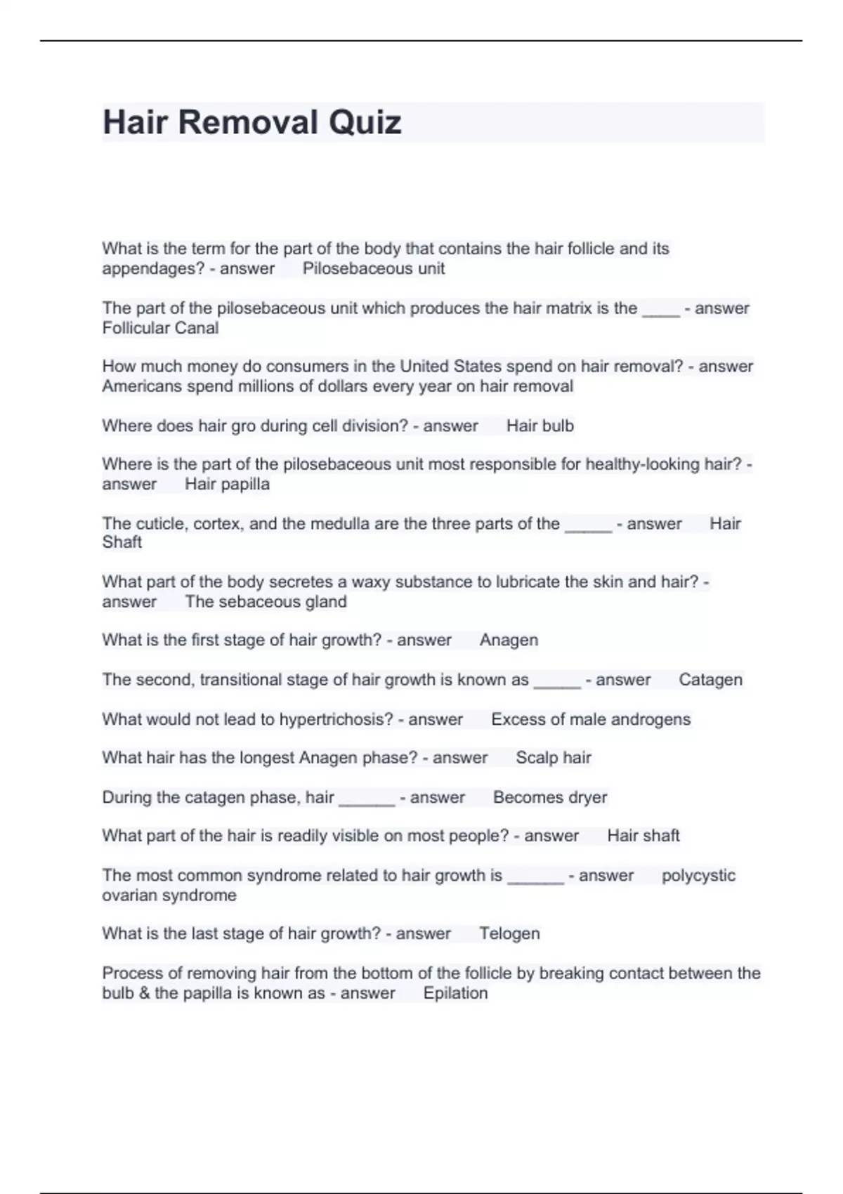 Hair Removal Quiz Questions and Answers 100% Verified - Waxing - Stuvia US