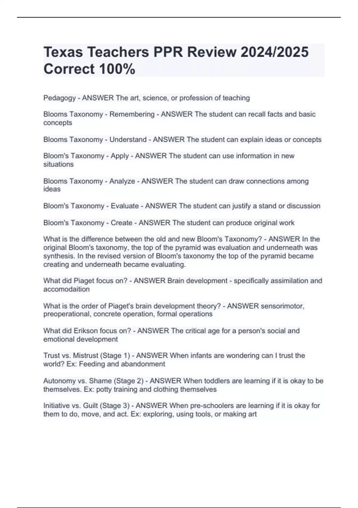 Texas Teachers PPR Review 2024/2025 Correct 100% - Texas Teach - Stuvia US