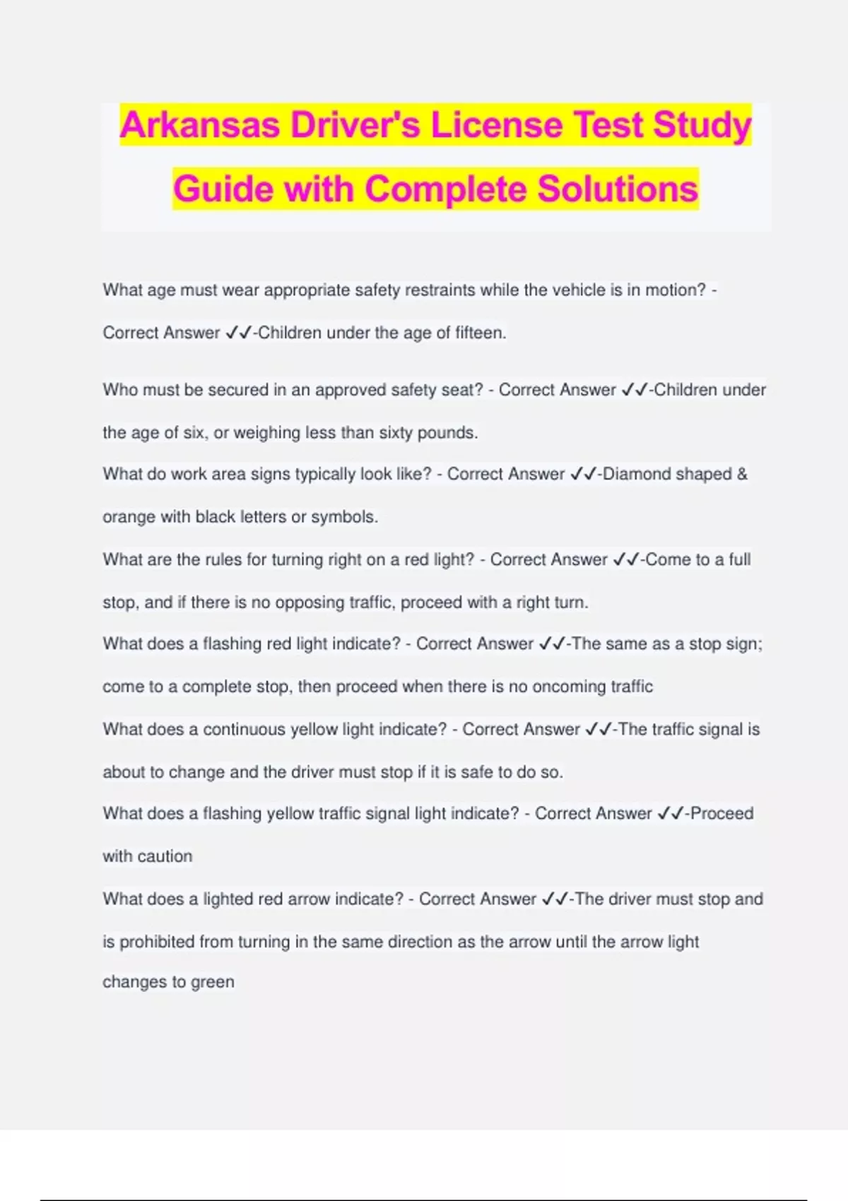Arkansas Driver's License Test Study Guide with Complete Solutions ...