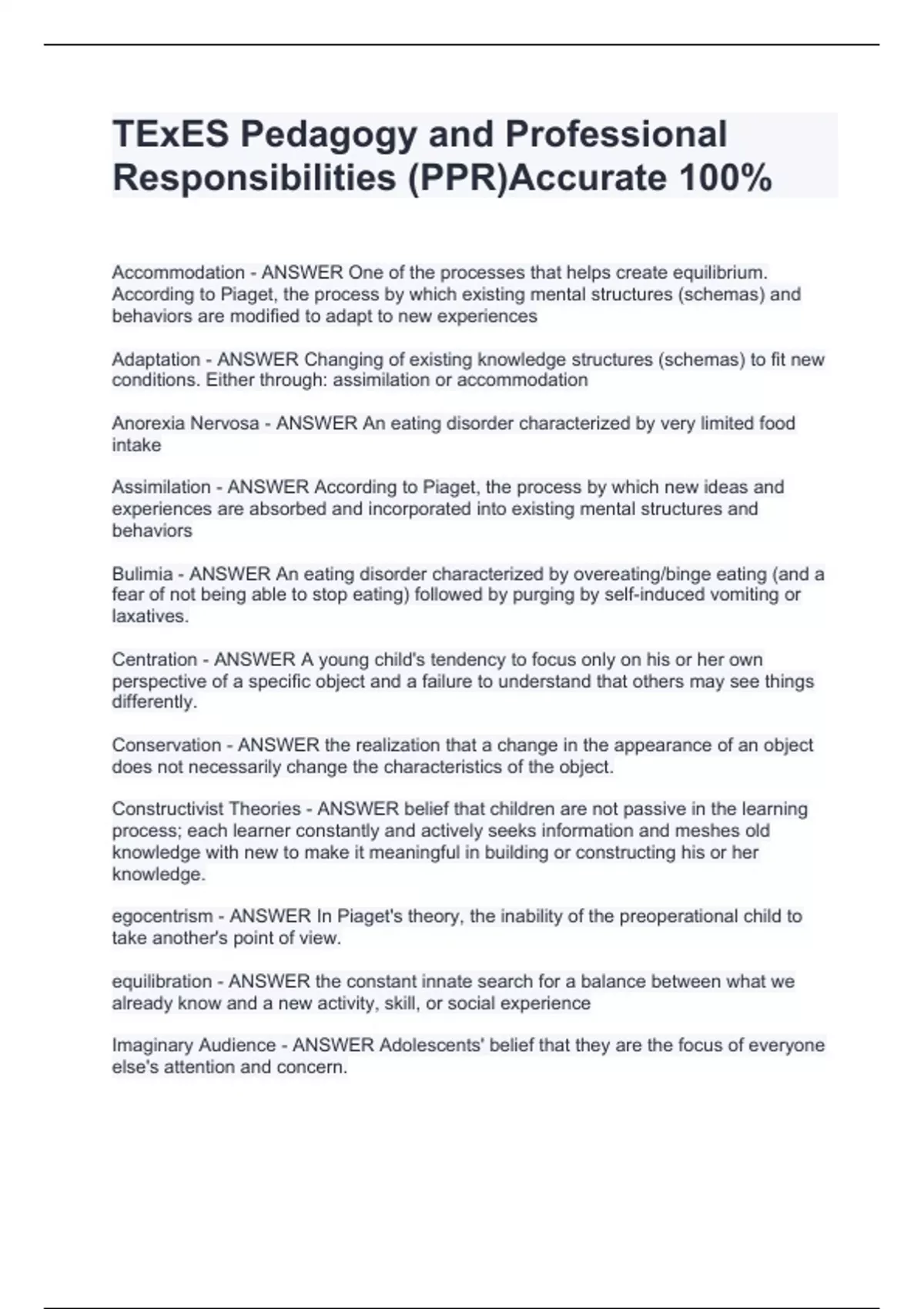 TExES Pedagogy and Professional Responsibilities (PPR)Accurate 100% ...