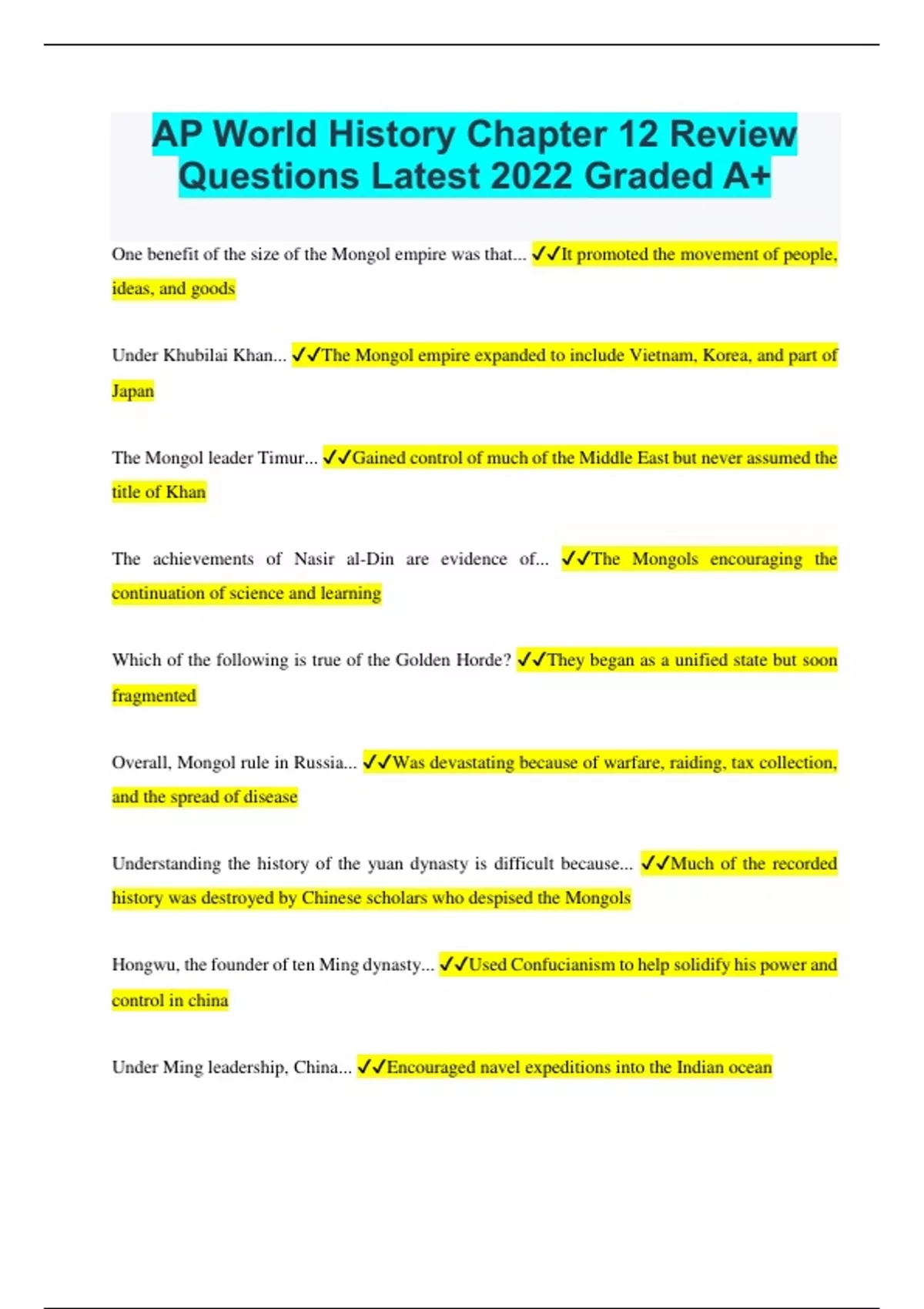 AP World History Chapter 12 Review Questions Latest 2022 Graded A+ - AP ...