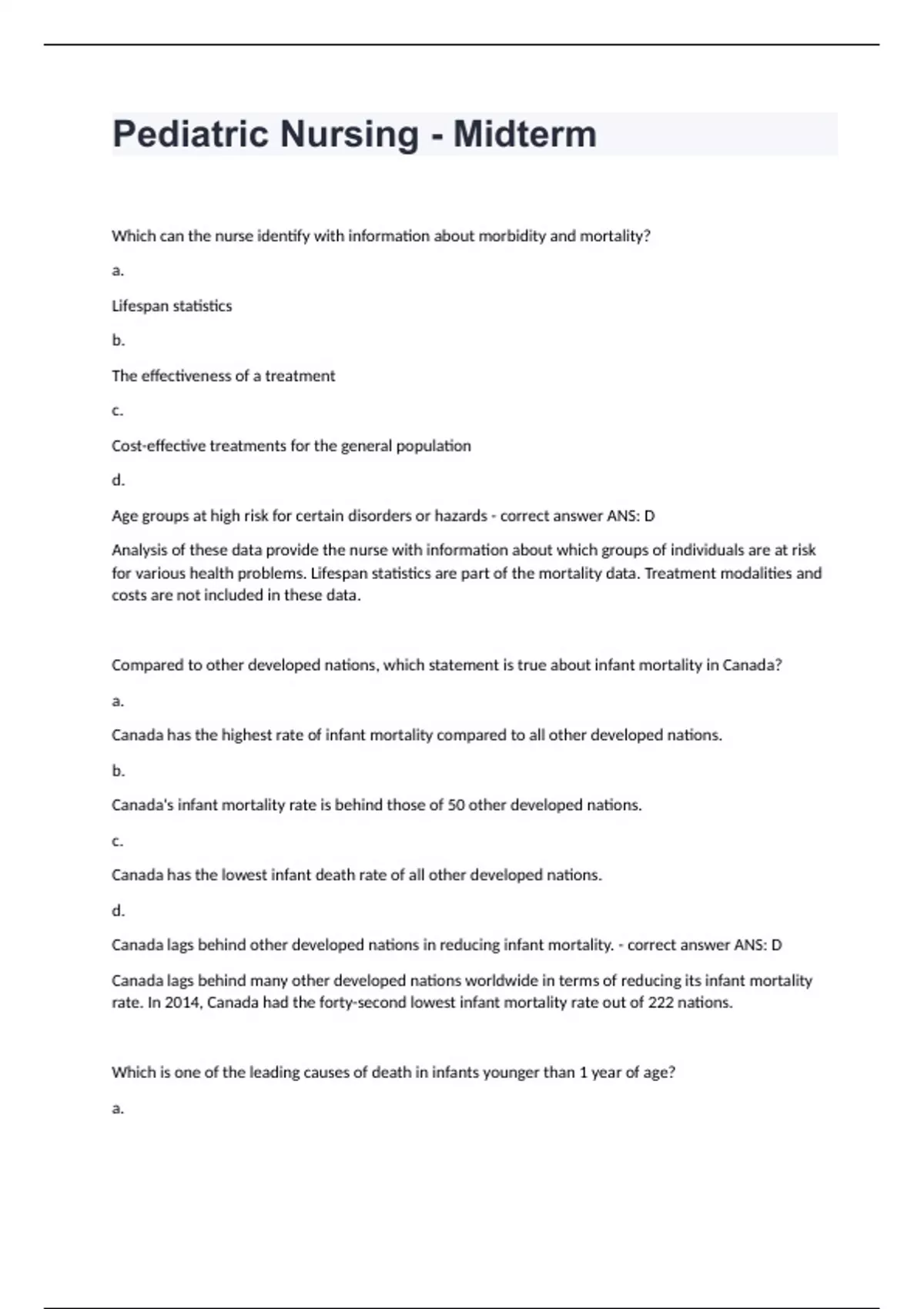 Pediatric Nursing - Midterm questions with correct answers 2024 - RN ...