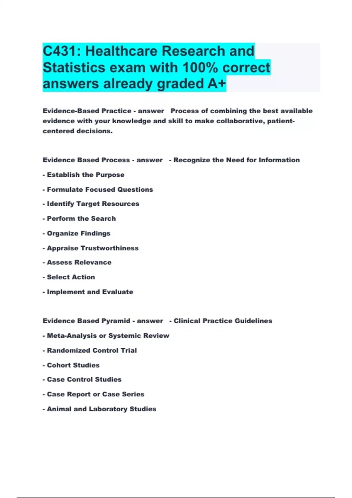 C431: Healthcare Research and Statistics exam with 100% correct answers ...