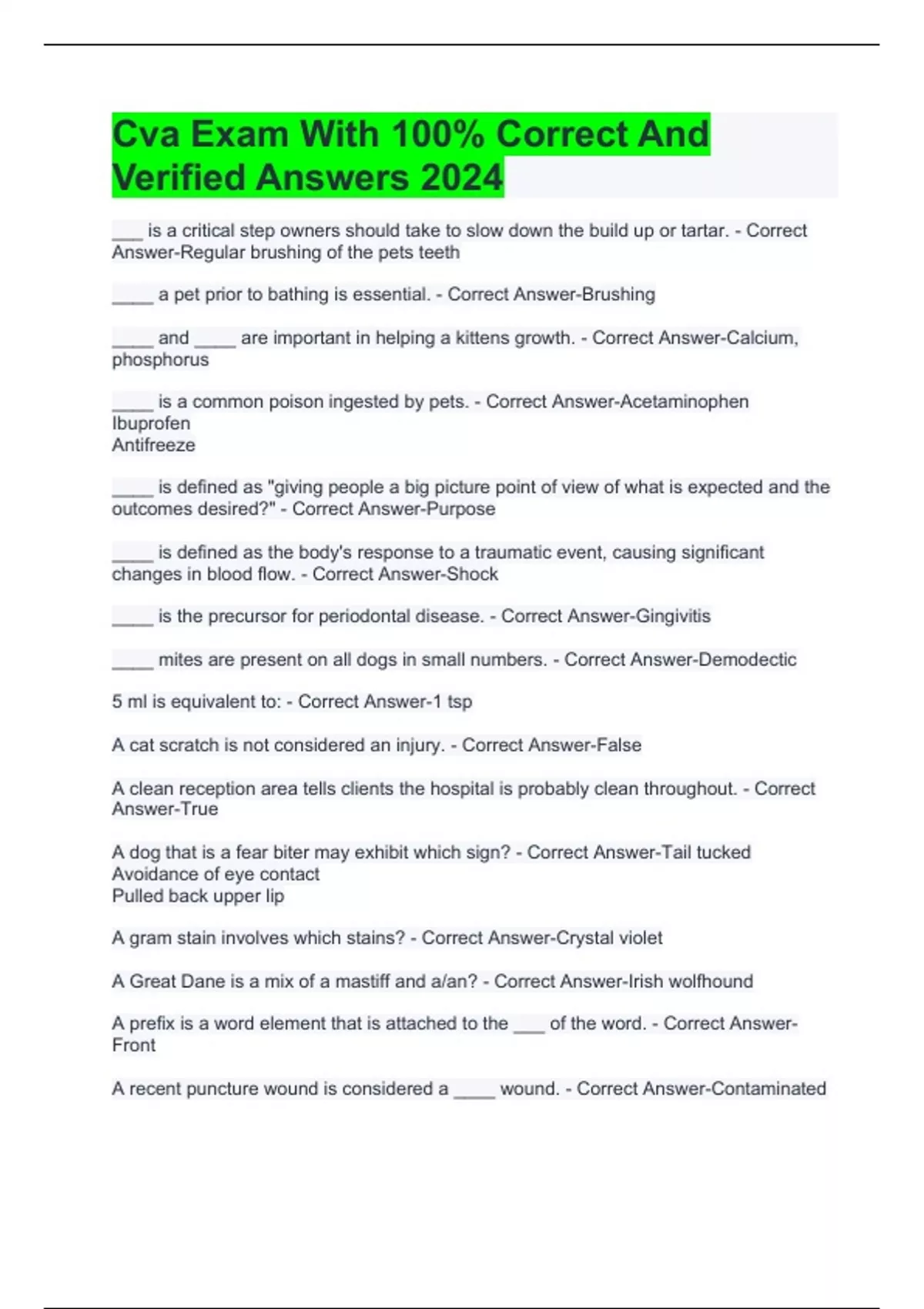 Cva Exam With 100% Correct And Verified Answers 2024 - CVA - Stuvia US