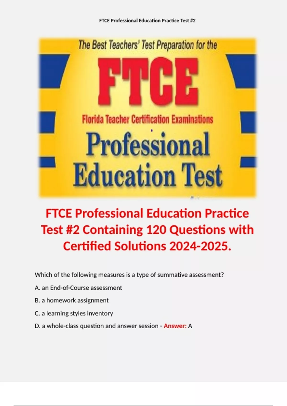 FTCE Professional Education Practice Test #2 Containing 120 Questions ...