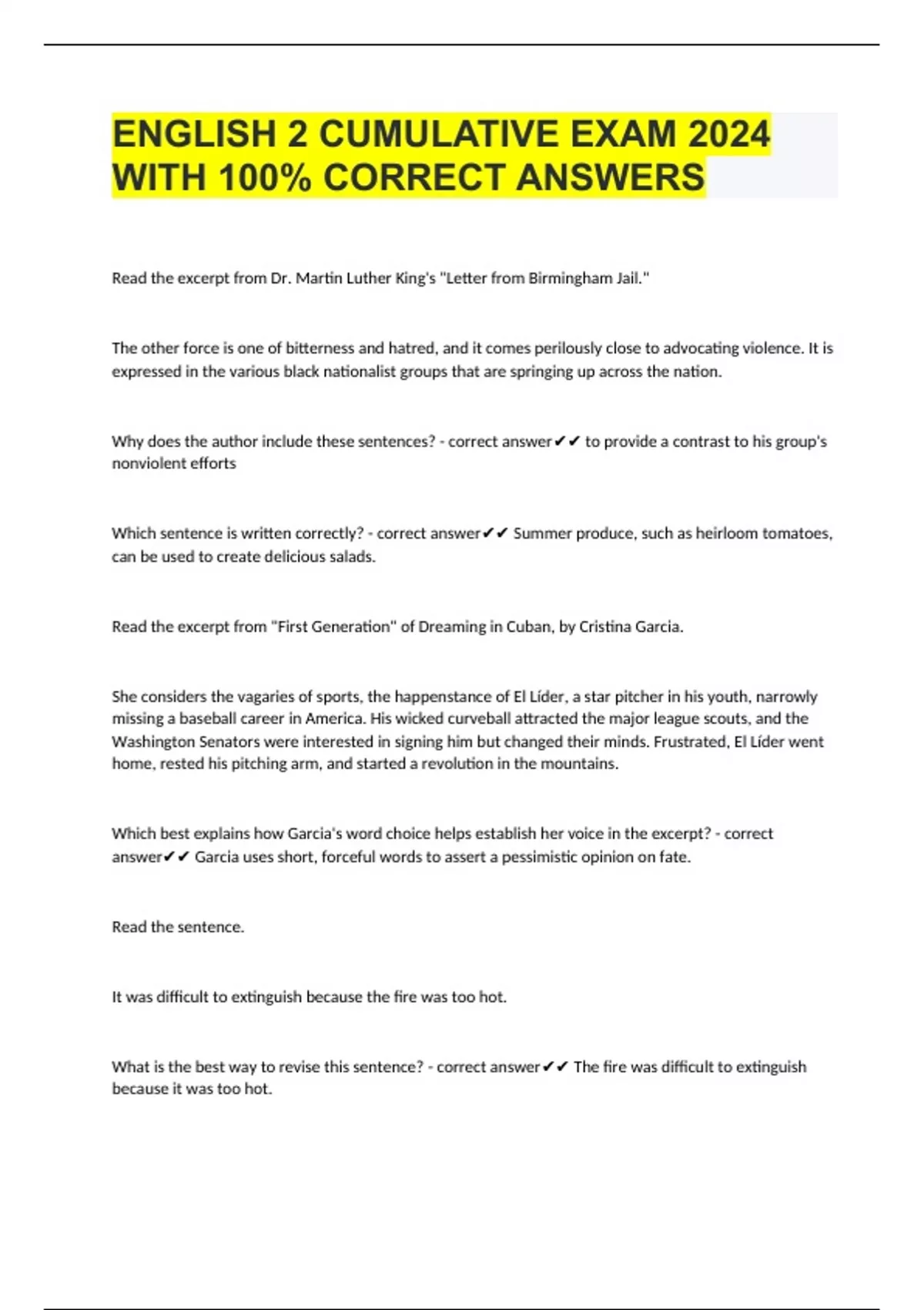 ENGLISH 2 CUMULATIVE EXAM 2024 WITH 100% CORRECT ANSWERS - ENGLISH 2 ...