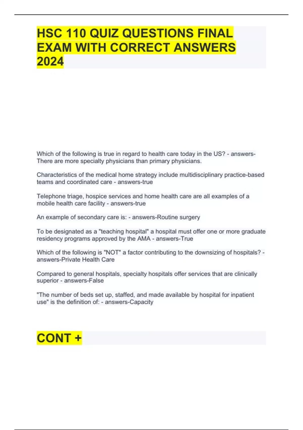 HSC 110 QUIZ QUESTIONS FINAL EXAM WITH CORRECT ANSWERS 2024. - HSC - Stuvia US