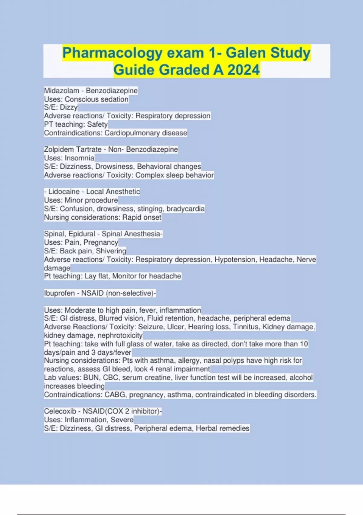 Pharmacology exam 1- Galen Study Guide Graded A 2024 - Pharmacology ...