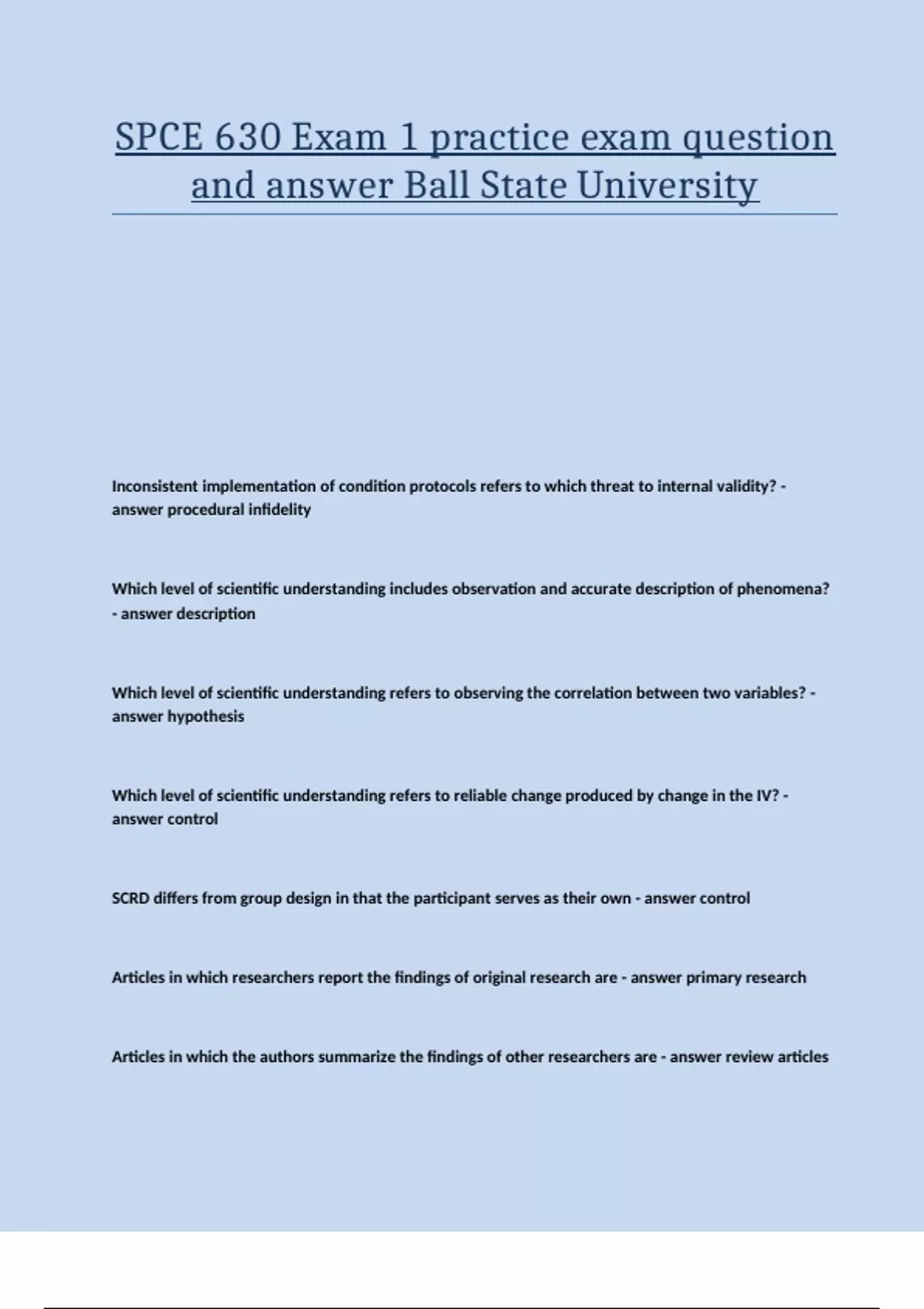 SPCE 630 Exam 1 practice exam question and answer Ball State University ...