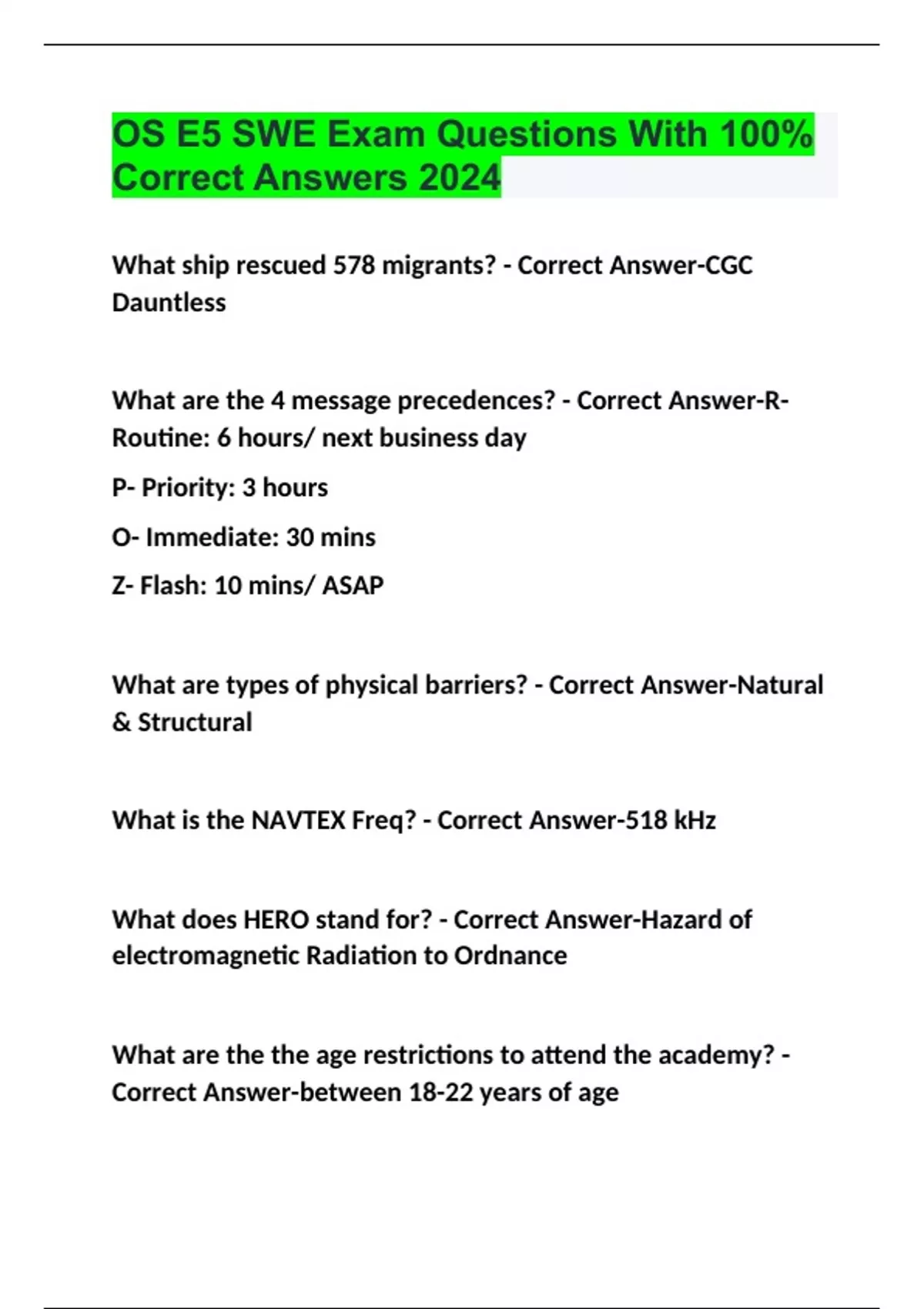 OS E5 SWE Exam Questions With 100% Correct Answers 2024 - OS E5 SWE ...