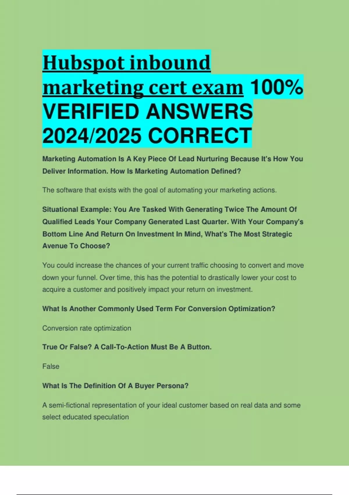 Hubspot inbound marketing cert exam 100% VERIFIED ANSWERS 2024/2025 ...
