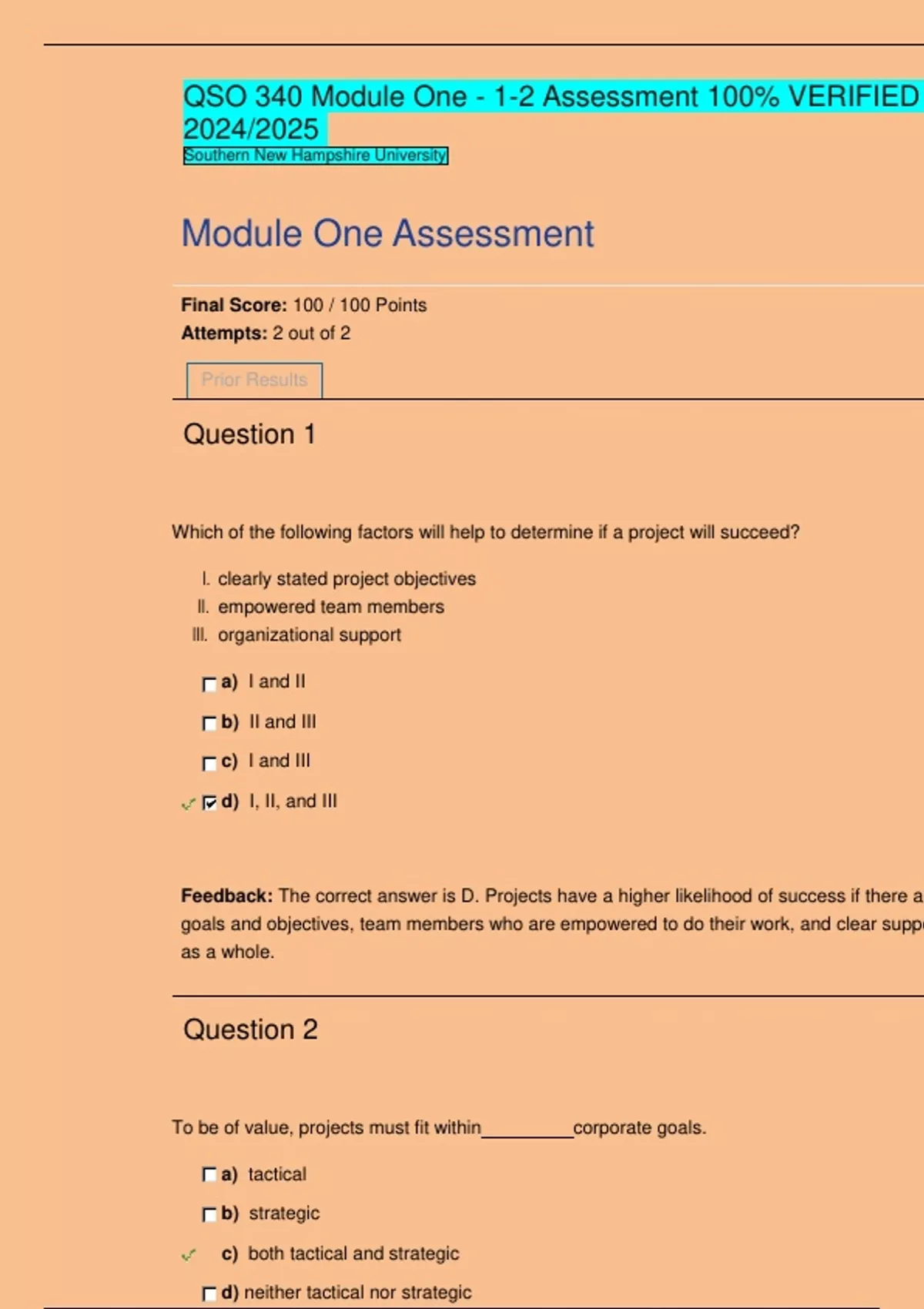 QSO 340 Module One - 1-2 Assessment 100% VERIFIED ANSWERS 2024/2025 - QSO 340 Module One - 1-2 ...