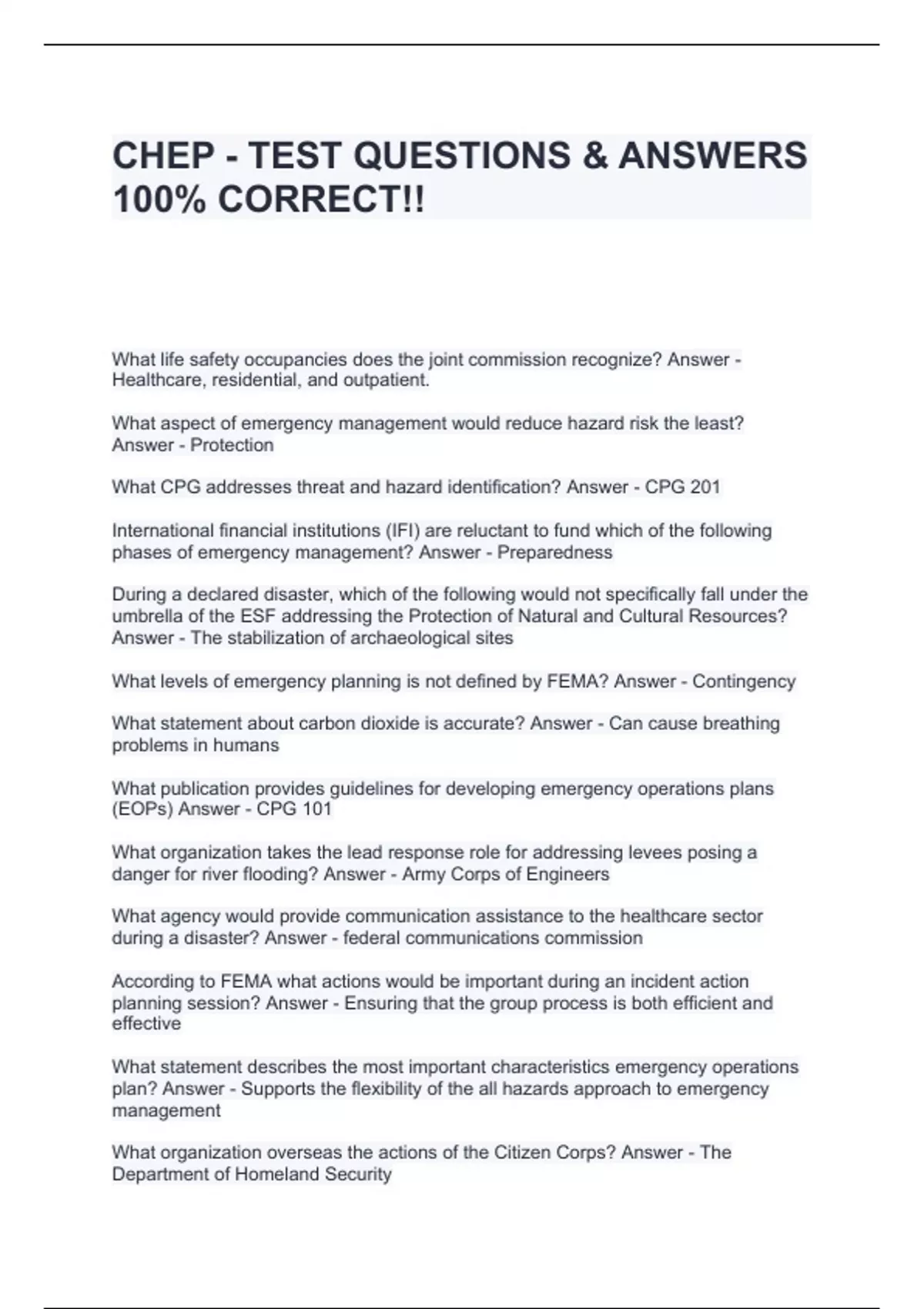 CHEP - TEST QUESTIONS & ANSWERS 100% CORRECT!! - CHEP - Stuvia US
