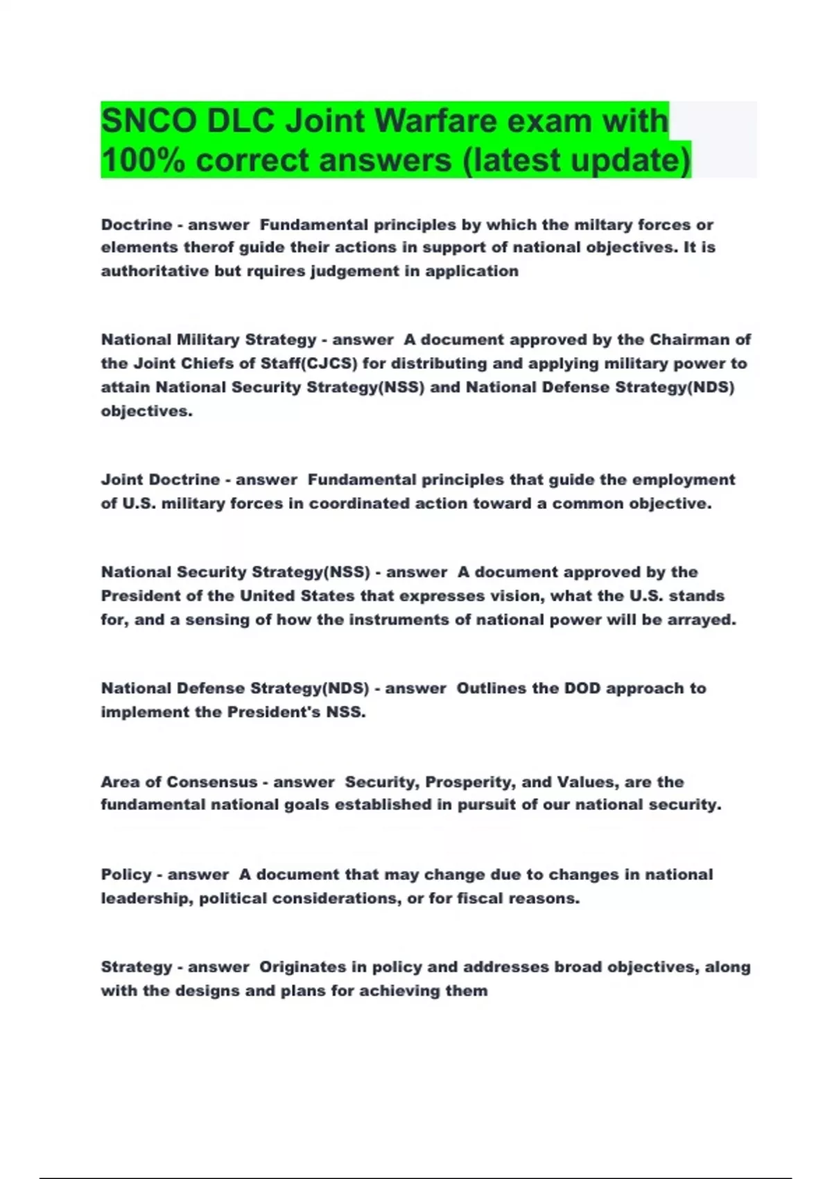 SNCO DLC Joint Warfare exam with 100% correct answers (latest update ...